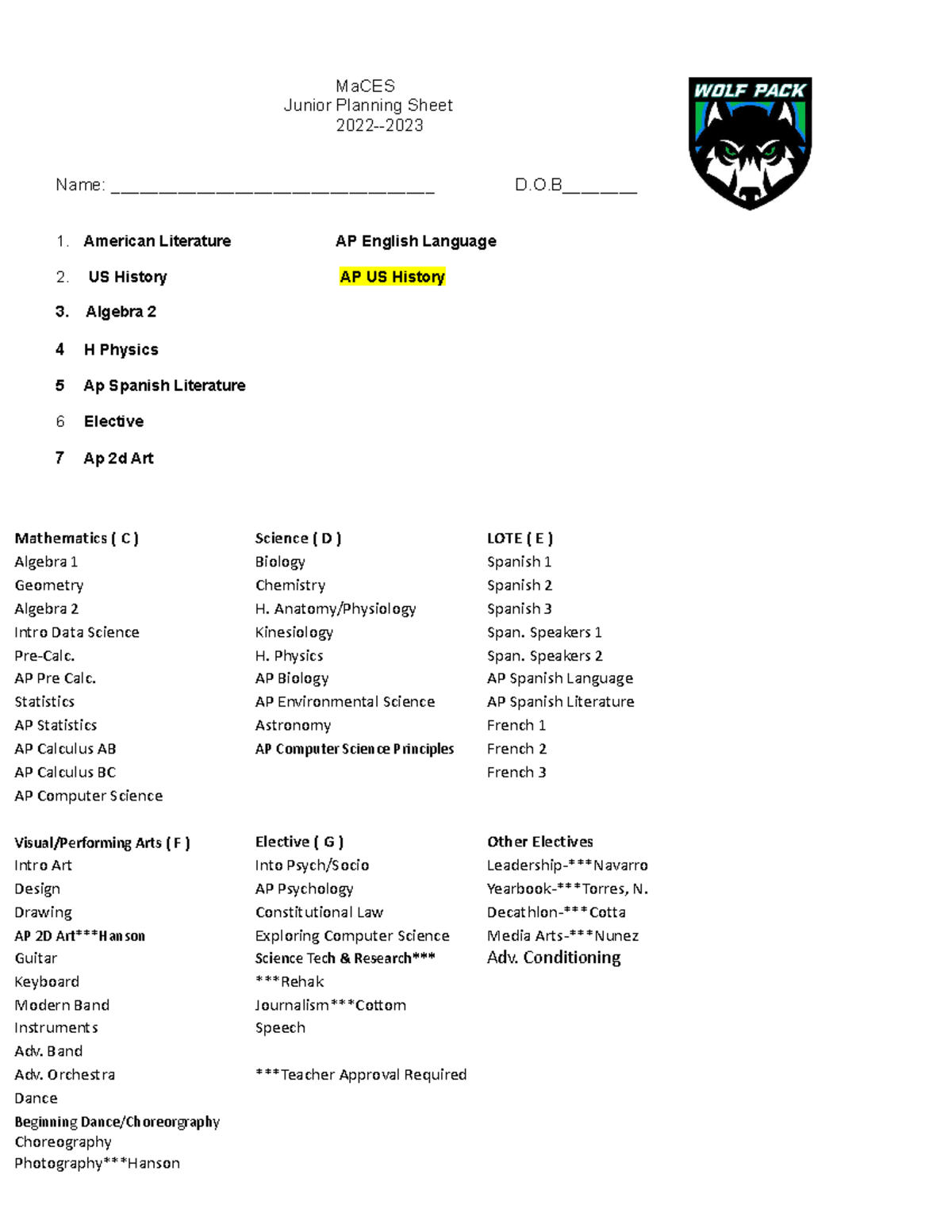 Junior planning sheet-2022-23 - MaCES Junior Planning Sheet 2022- Name ...