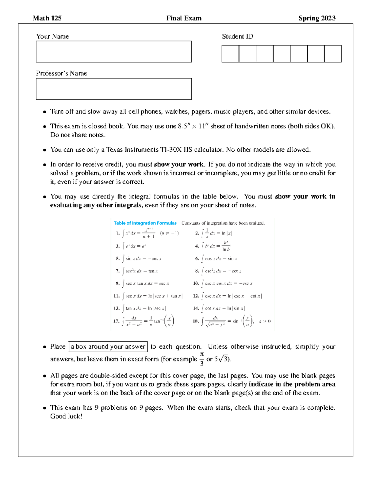 PAST Assignment Washington - Math 125 Final Exam Spring 2023 Your Name ...