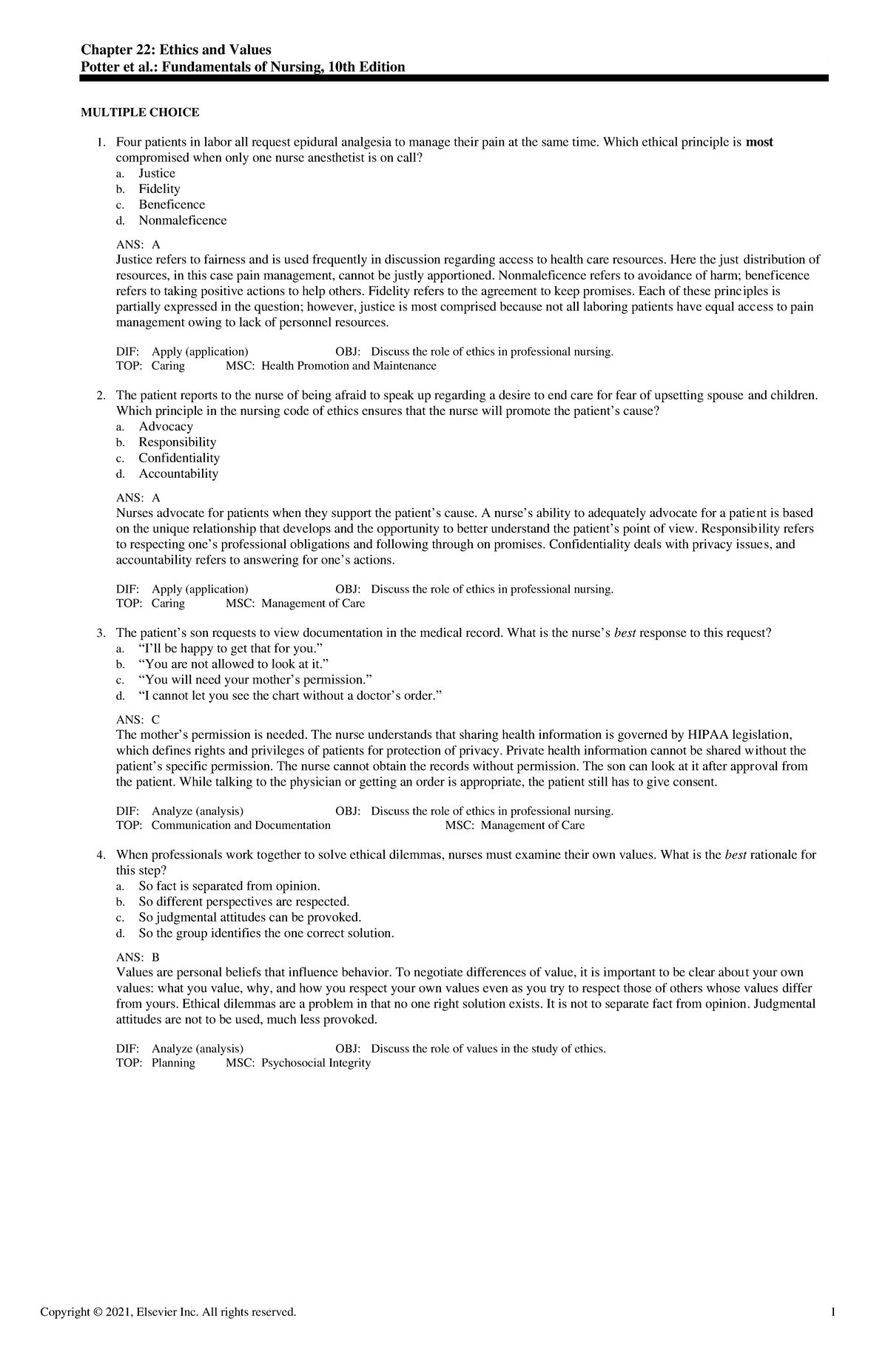 - Chapter-22 - practice - Chapter 22: Ethics and Values Potter et al.: Fundamentals of Nursing ...