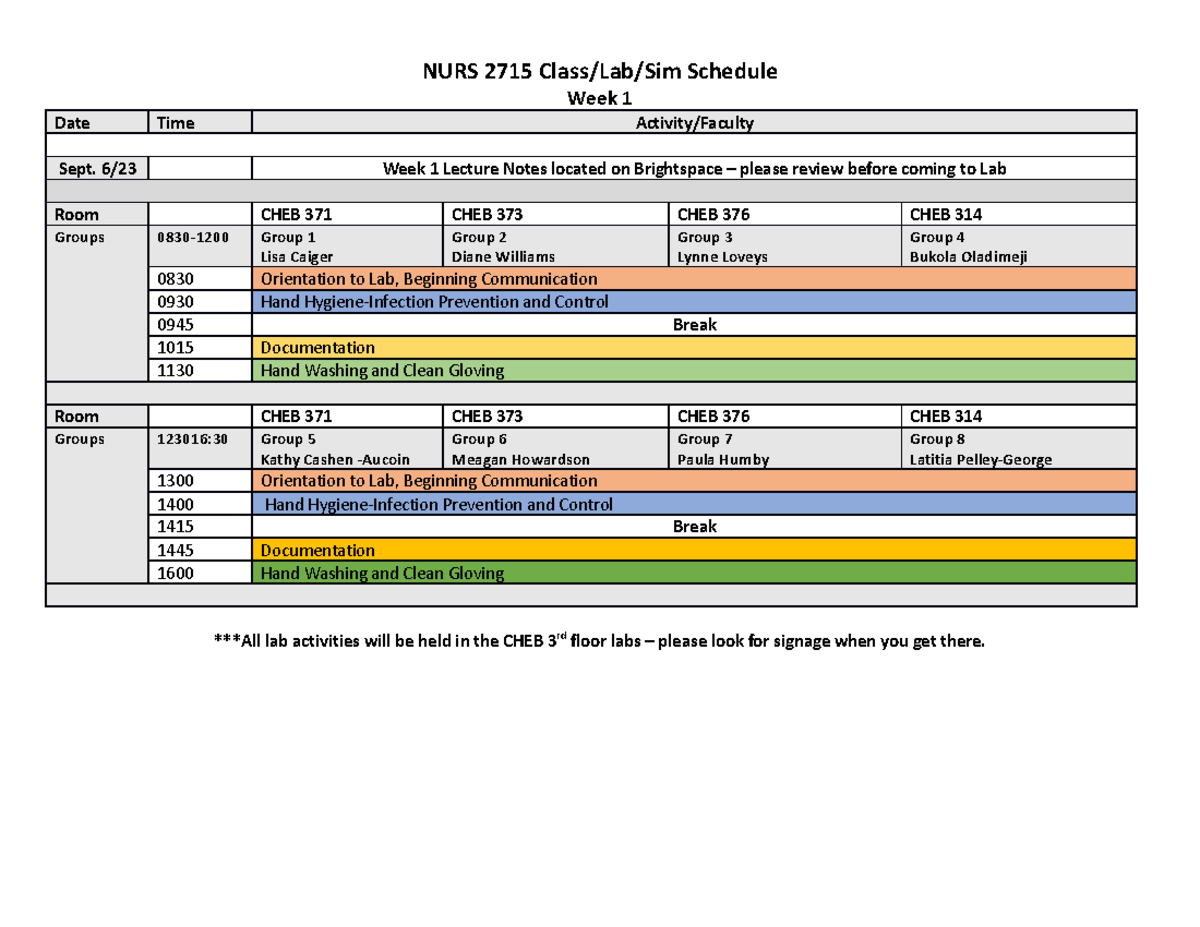 NURS 2715 Lab Schedule Week 1 Sept. 5 - NURS 2715 Class/Lab/Sim ...