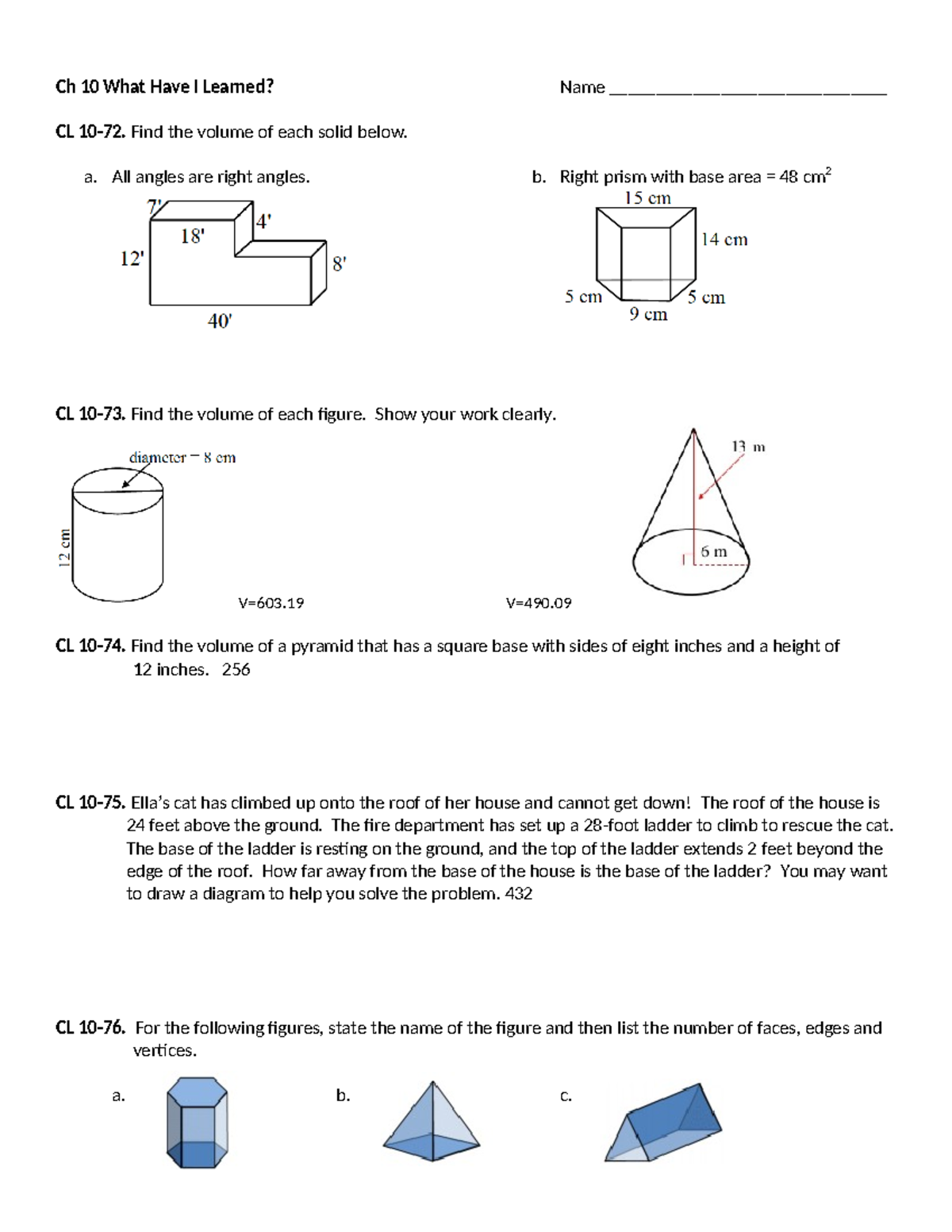 Ch 10 What Have I Learned - Find the volume of each solid below. a. All ...