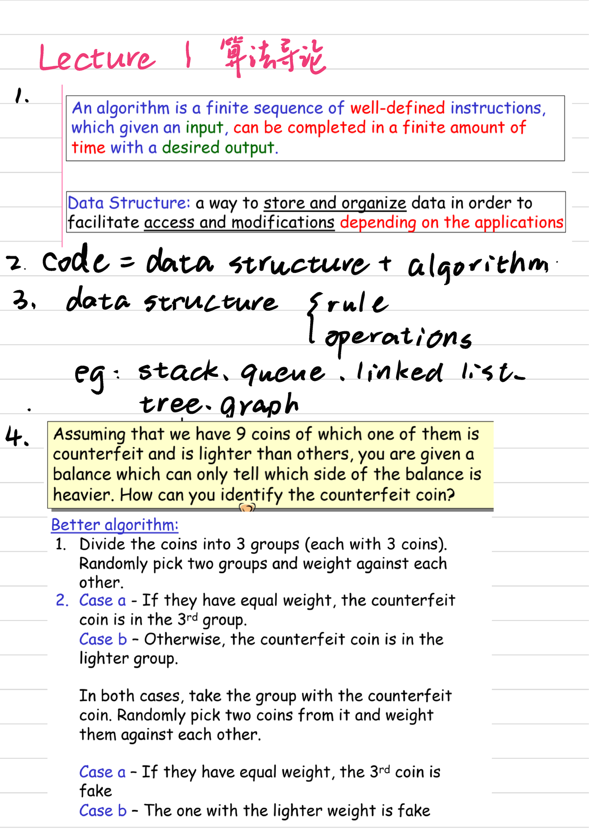 算法-总复习 - MY review material (hand written )for this course - Lecture I 1. An algorithm is a ...