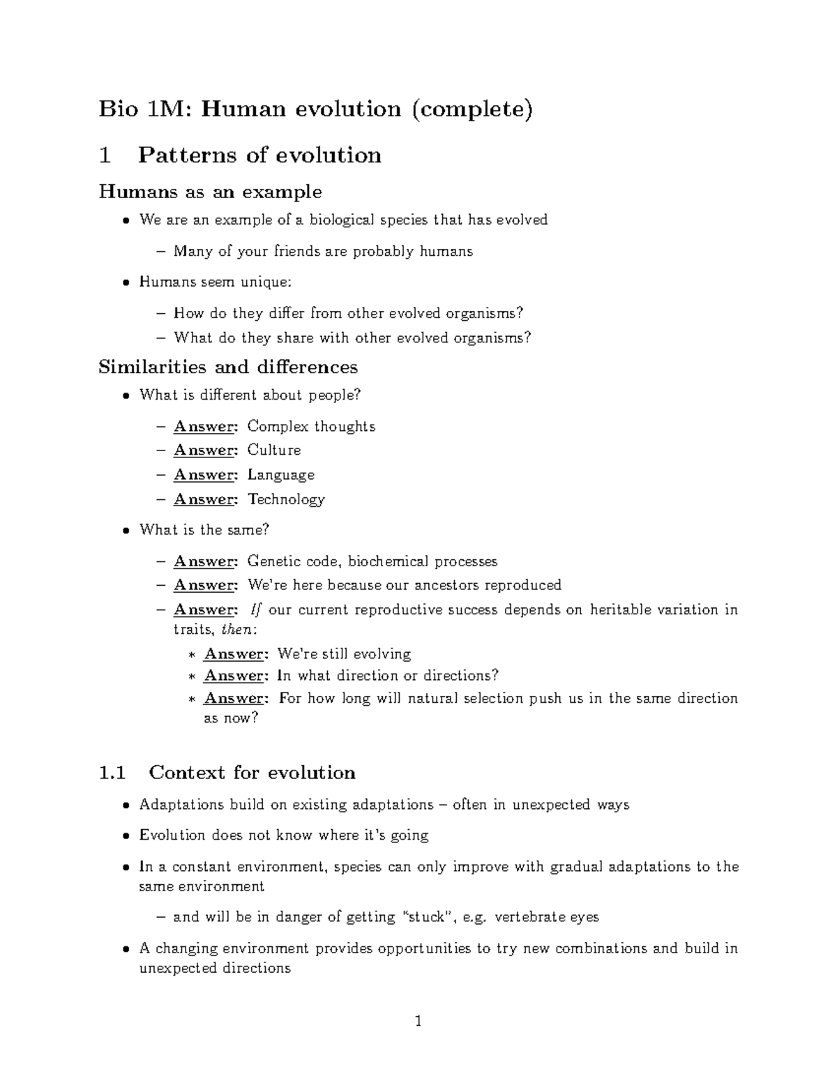 Origins - notes yes - Bio 1M: Human evolution (complete) 1 Patterns of ...