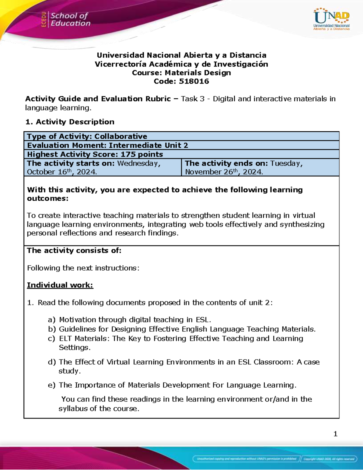 Activity Guide and Evaluation Rubric - Unit 2 - Task 3 - Digital and interactive materials in ...