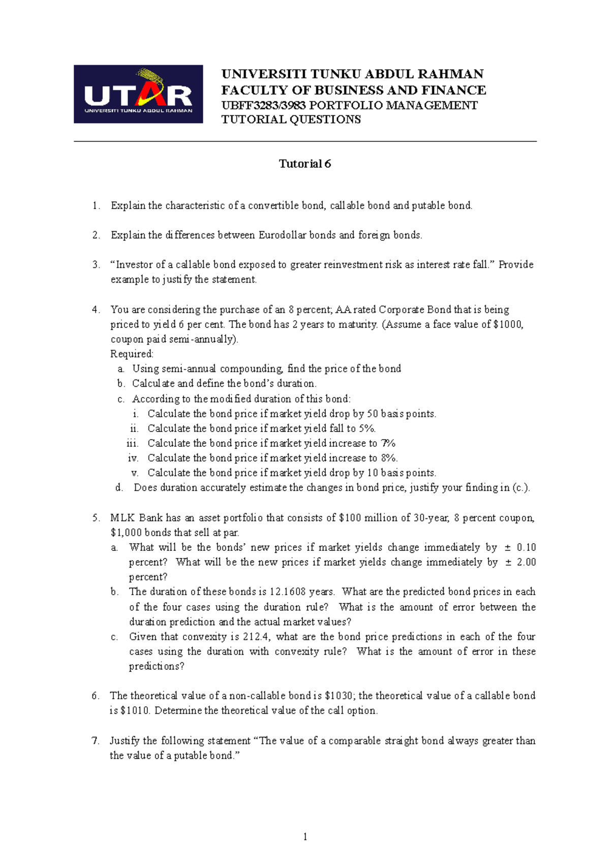 Tutorial 6 - Question - UNIVERSITI TUNKU ABDUL RAHMAN FACULTY OF ...