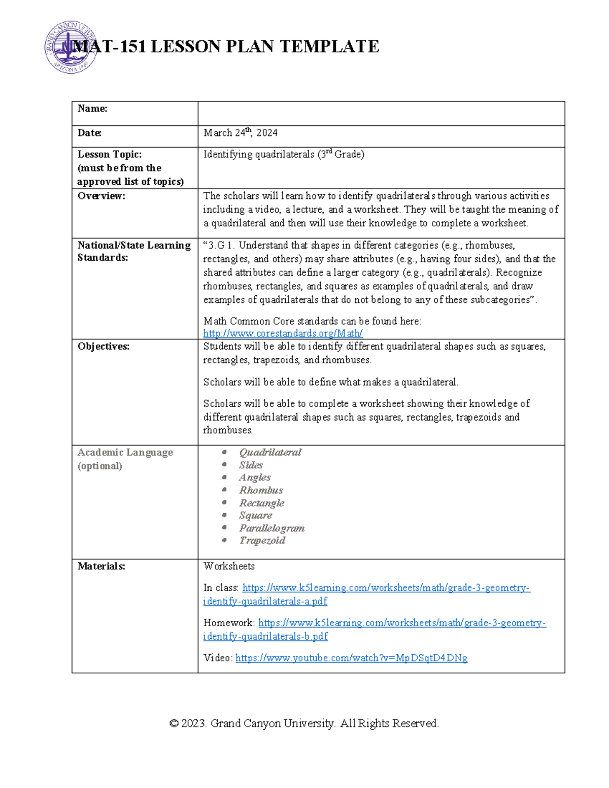 MAT-151 Lesson Plan Template - MAT-151 LESSON PLAN TEMPLATE Name: Date ...