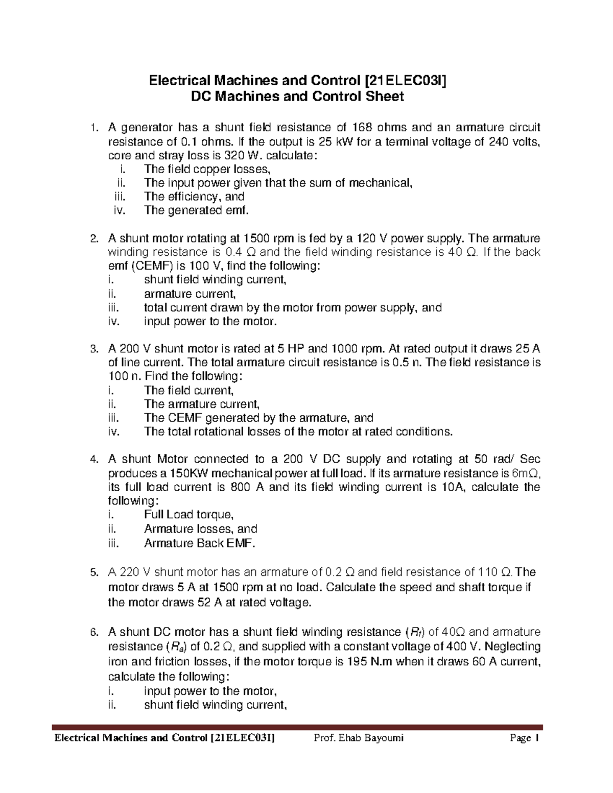 Sheet 1 Electric Machines and Control - Electrical Machines and Control ...