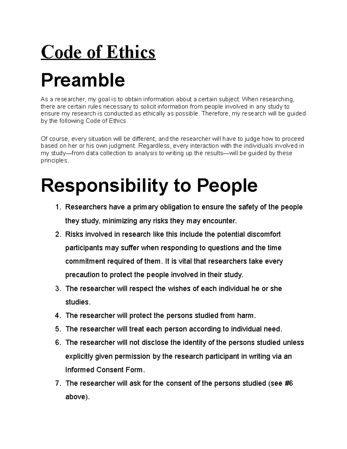 Code of Ethics - Case Studies - Code of Ethics Preamble As a researcher ...
