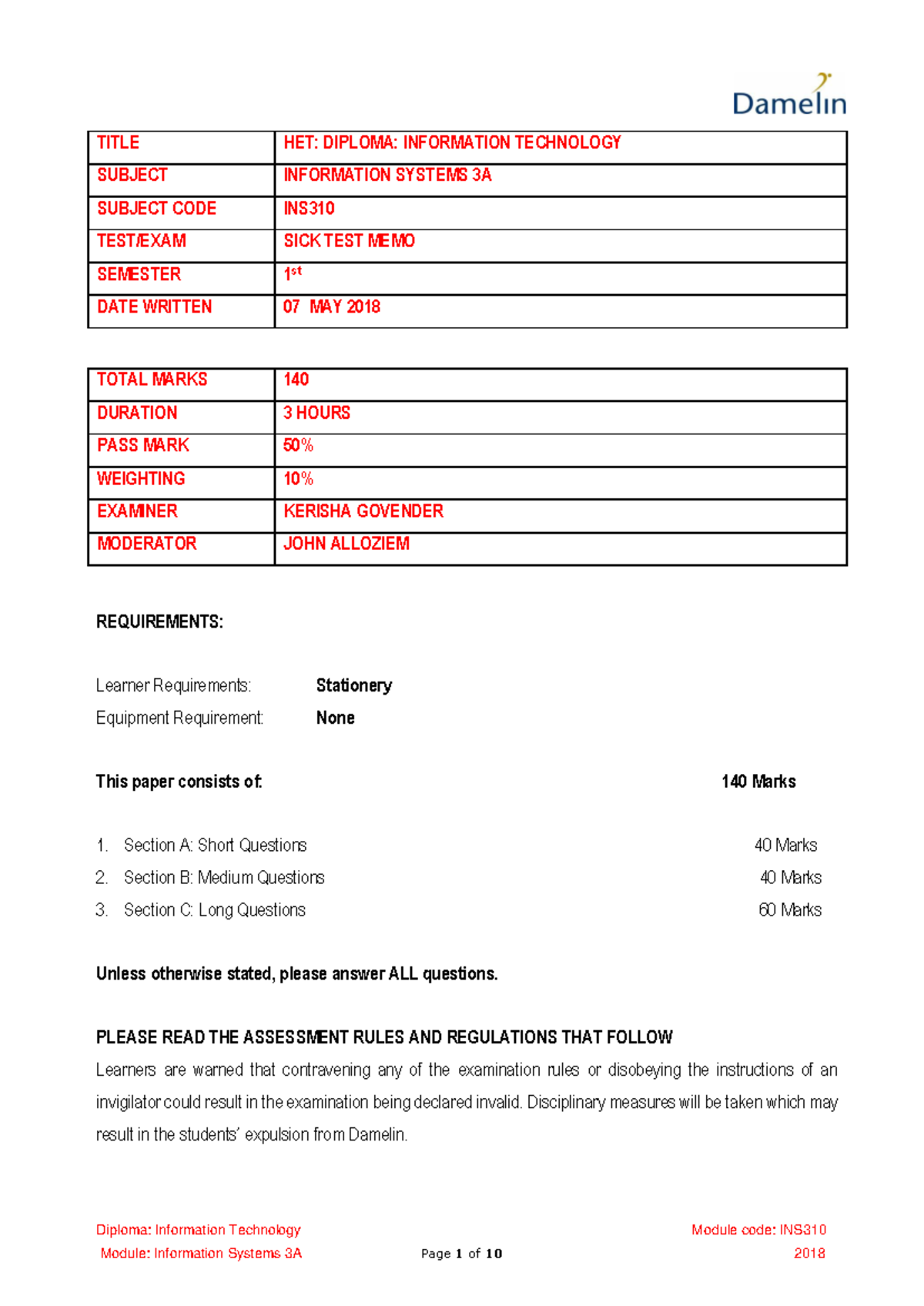 Information System 3A Sick Test Memo - Diploma: Information Technology ...