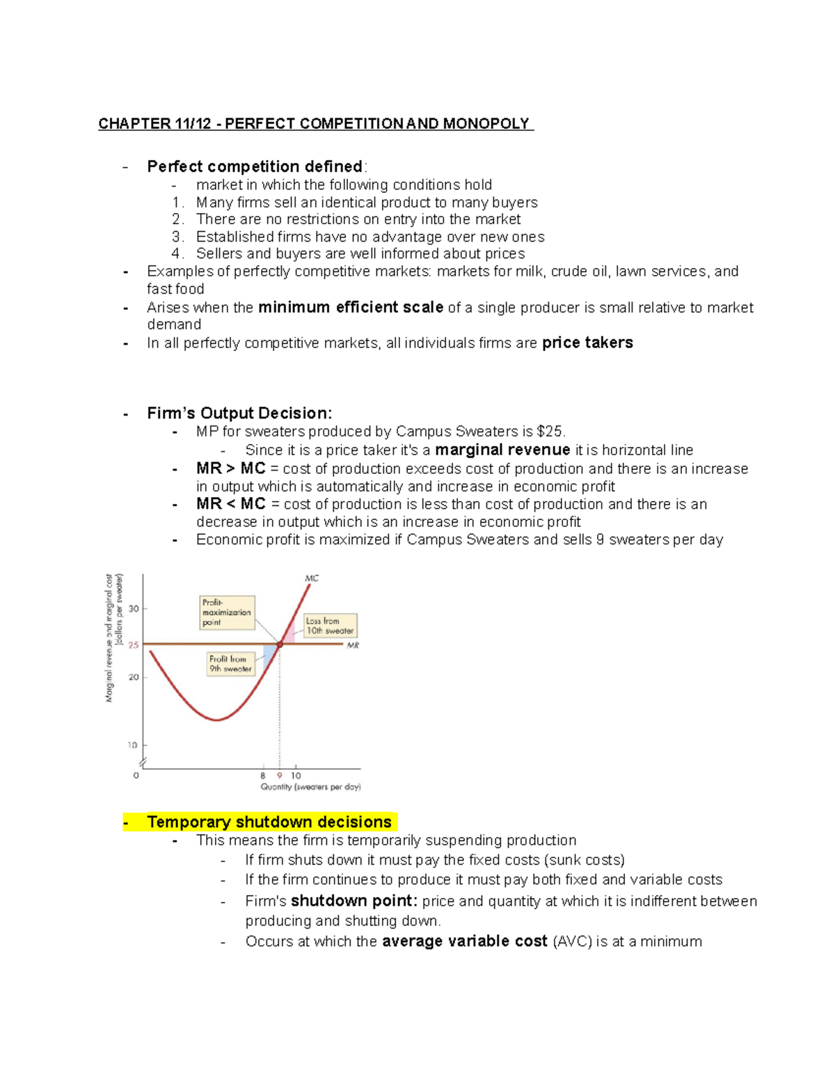 ECON Final Exam Notes - CHAPTER 11/12 - PERFECT COMPETITION AND ...