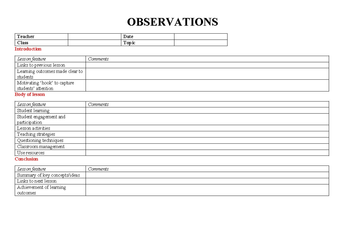 Observations Layout - OBSERVATIONS Teacher Date Class Topic ...