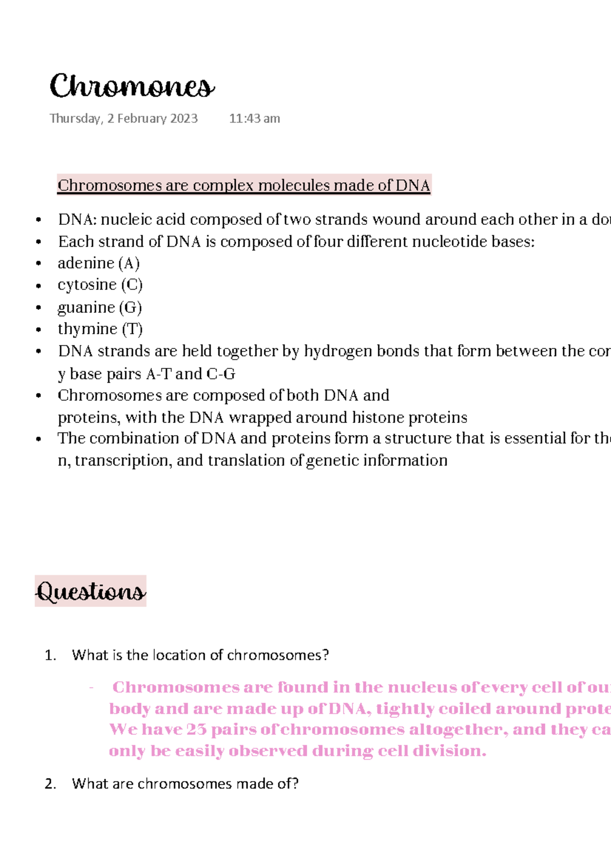 Chromones - notes - Chromosomes are complex molecules made of DNA • DNA ...