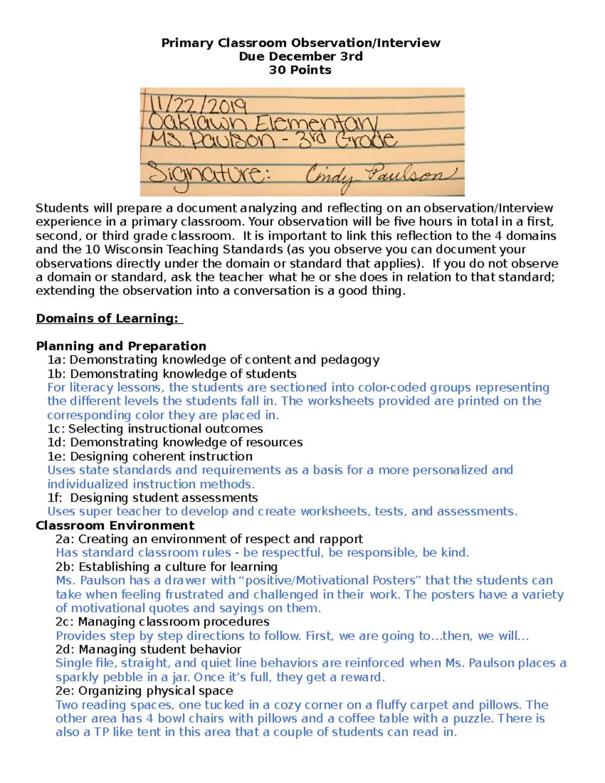 Primary Classroom Observation - Primary Classroom Observation/Interview ...