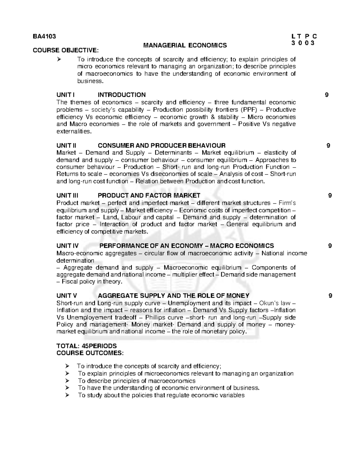 BA4103 - Managerial Economics Syllabus - BA4103 L T P C 3 0 0 3 COURSE ...