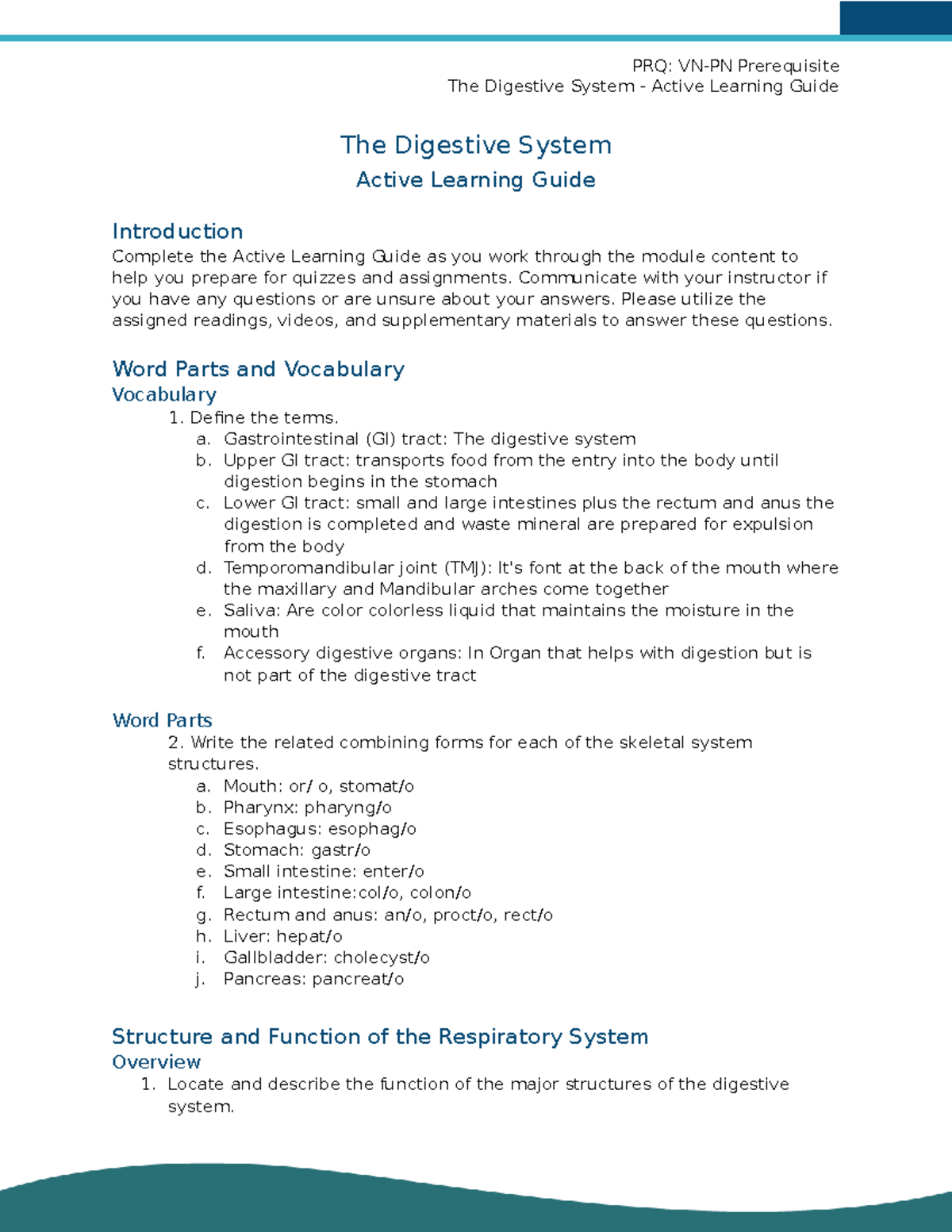 (Digestive System) learning guide - The Digestive System - Active ...
