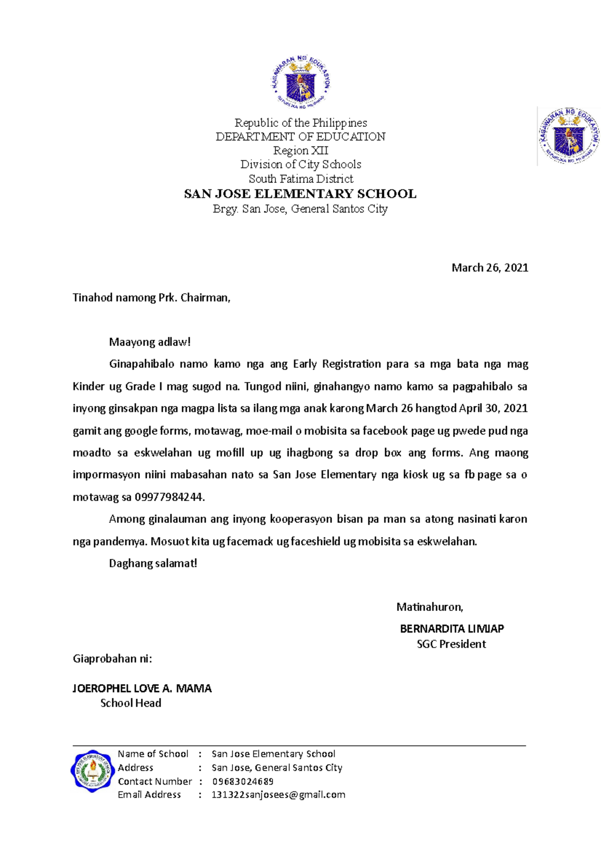 Early registration 2021 letter - Republic of the Philippines DEPARTMENT ...