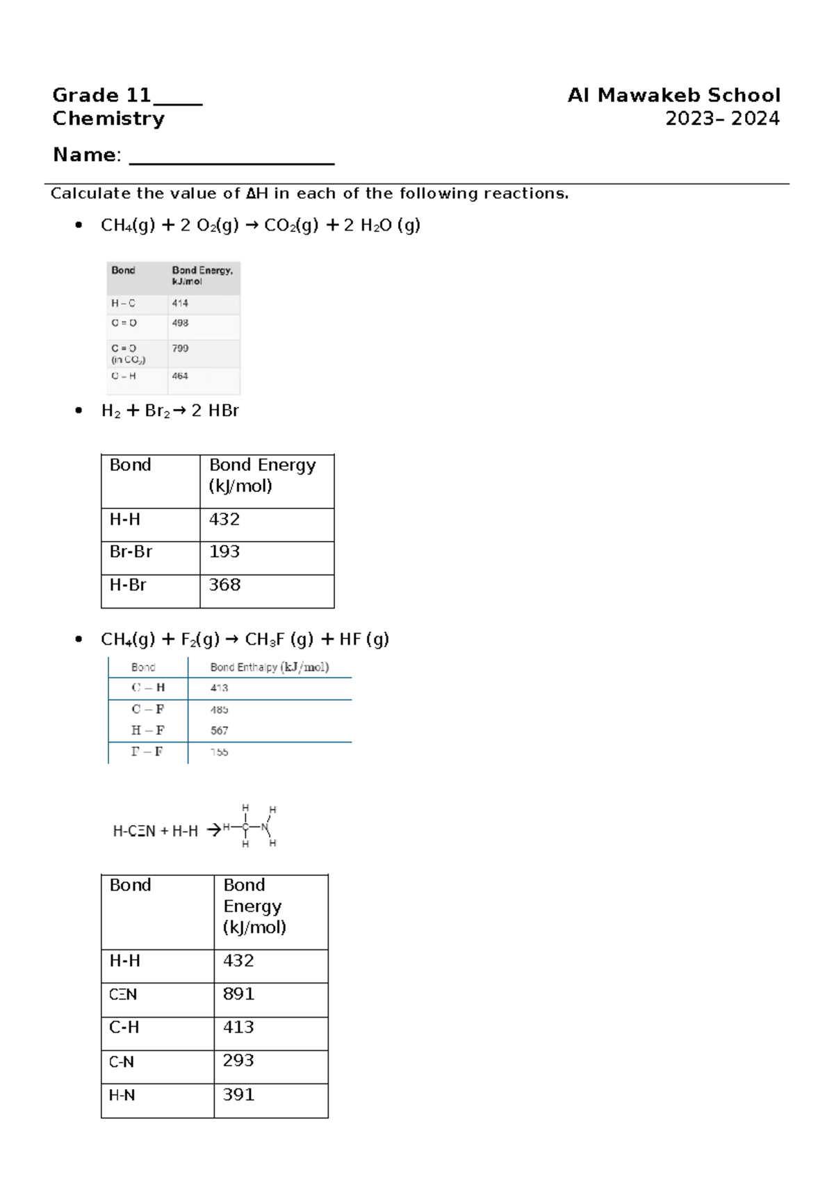 Enthalpy Change using B - Grade 11_____ Chemistry Name ...