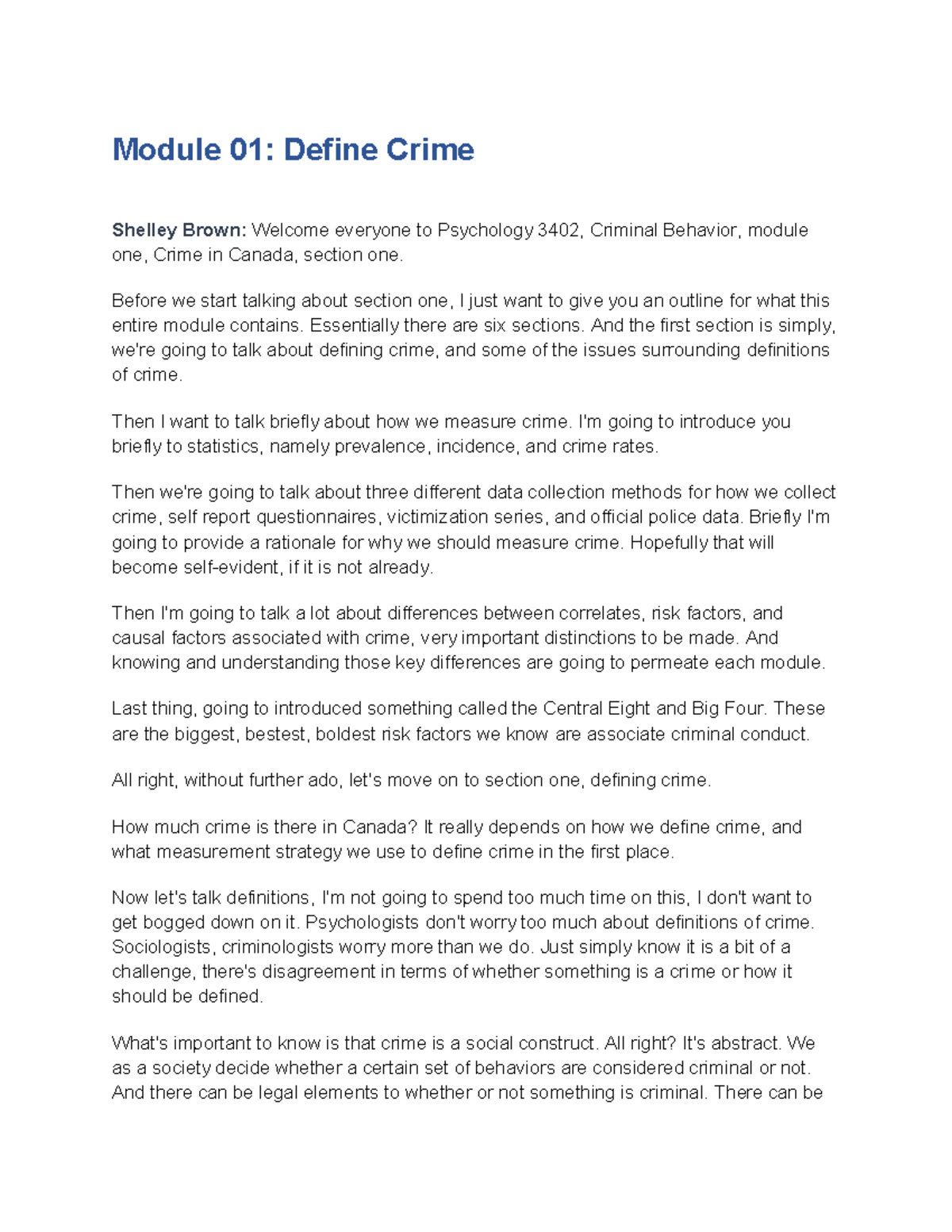 Module 01 Define Crime - Lecture notes 1 - Module 01: Define Crime ...