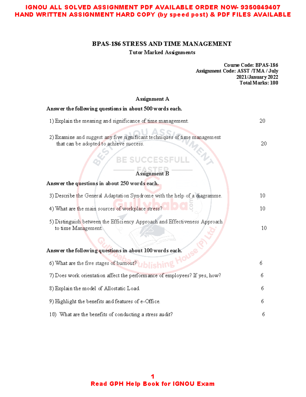 BPAS-186-English - Assignment - BPAS-186 STRESS AND TIME MANAGEMENT ...