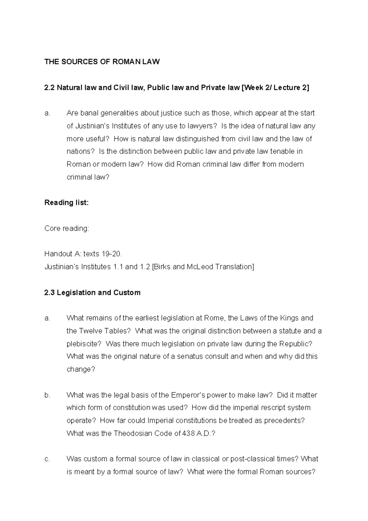 Reading list Week 2 Lecture 2 - THE SOURCES OF ROMAN LAW 2 Natural law ...