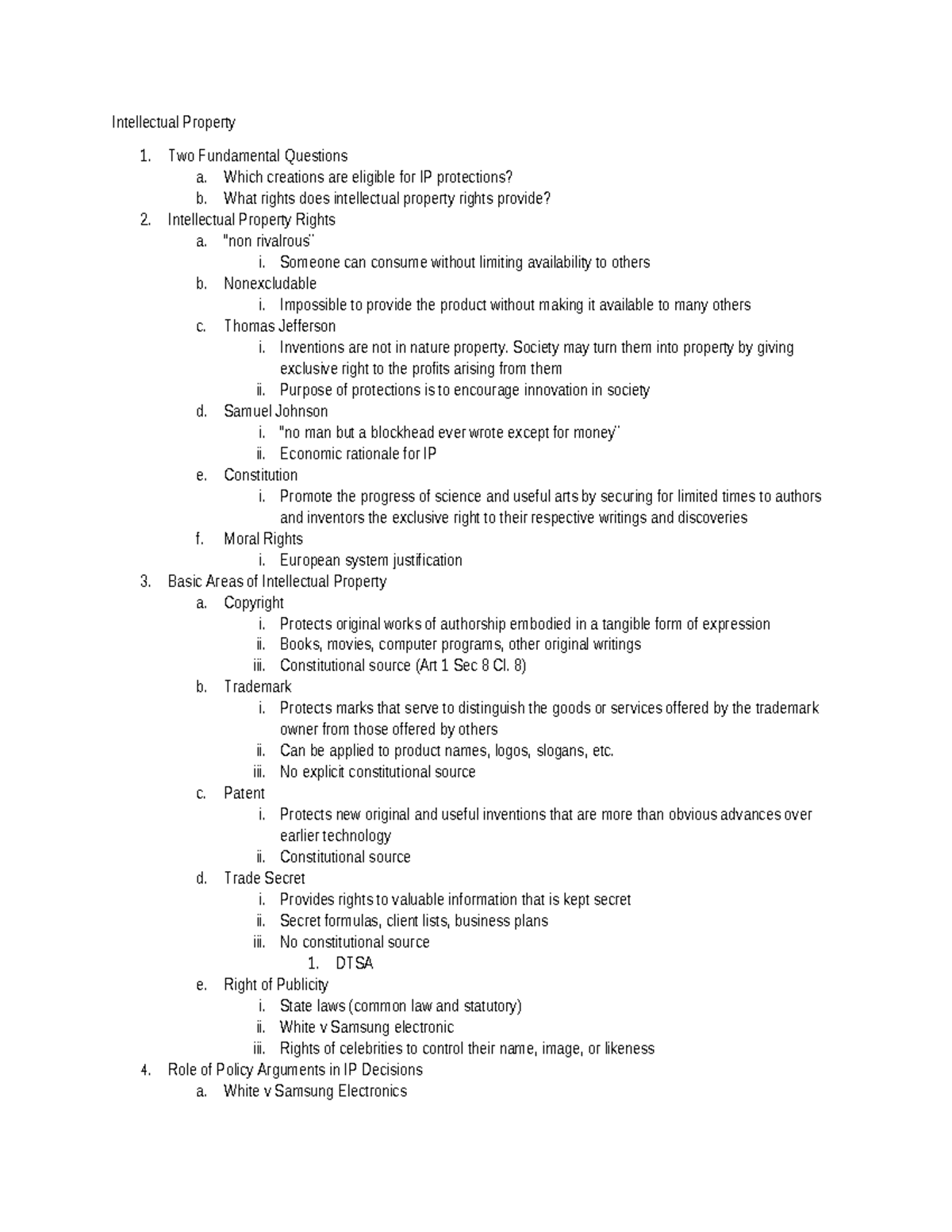 Full outline - Intellectual Property 1. Two Fundamental Questions a ...