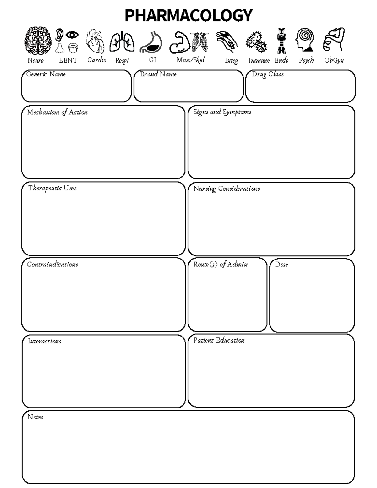 Pharmacology Study Template 2USLetter - Neuro EENT Cardio Respi GI Musc ...