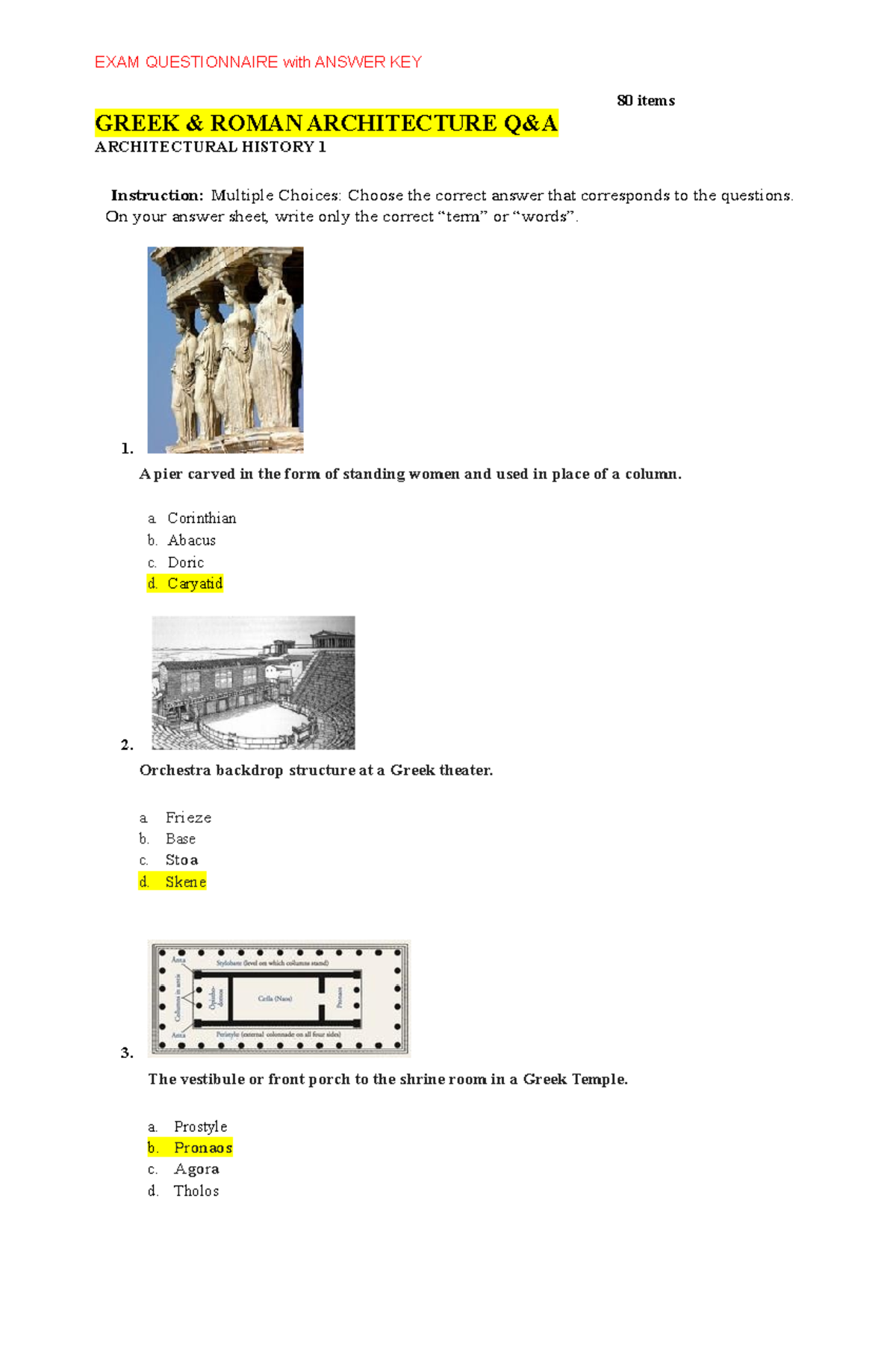 Greek & Roman Architecture Exam Questionnaire with Answer key - GREEK ...