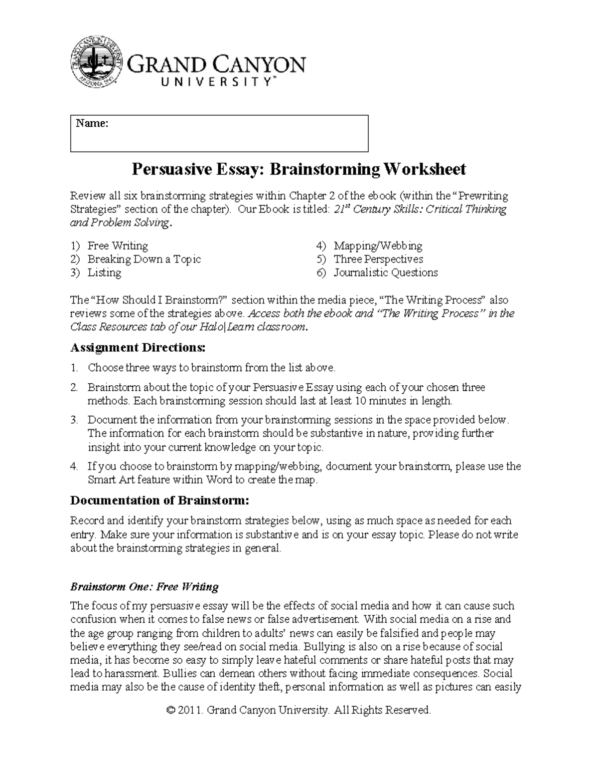 PHI105 T2 Brainstorming Worksheet - Name: Persuasive Essay ...