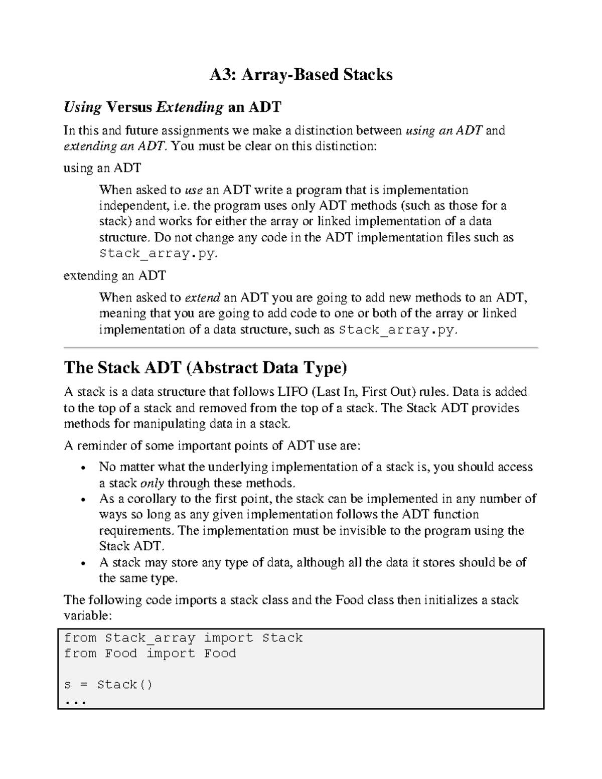 CP164 OC A3 - A3: Array-Based Stacks Using Versus Extending an ADT In this and future ...