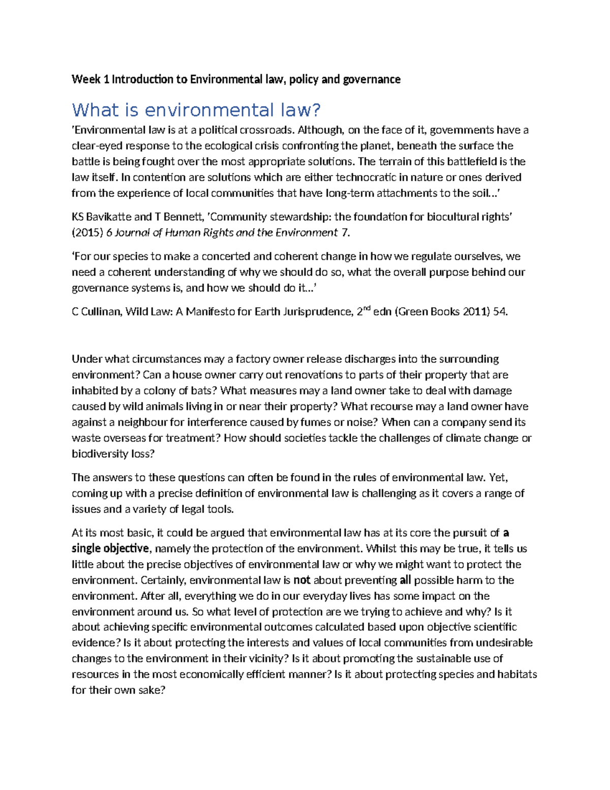 1 handout introduction - Week 1 Introduction to Environmental law ...