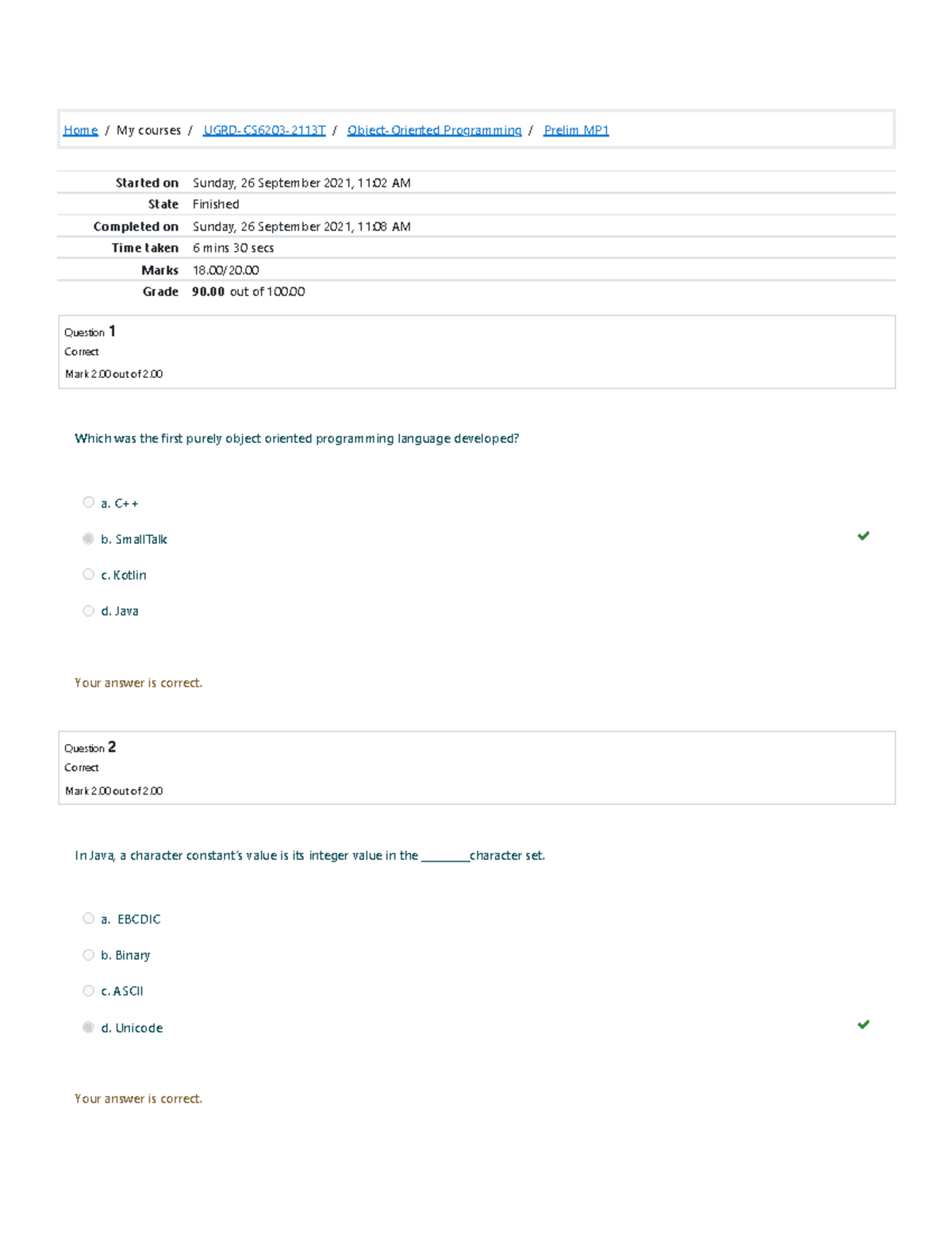 Term 3 OOP Prelim MP1 Attempt review - Home / My courses / UGRD-CS6203-2113T / Object-Oriented ...