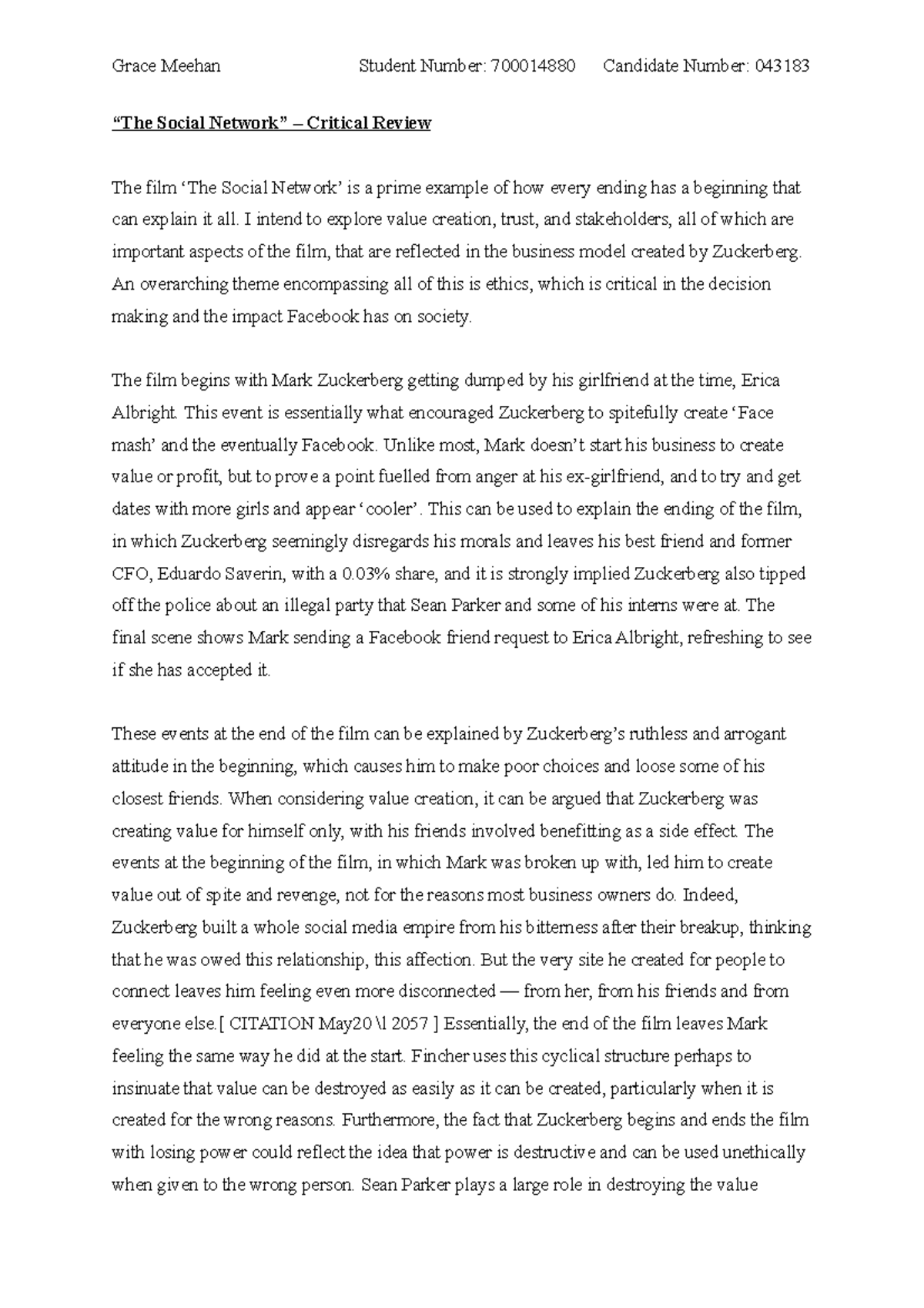 The Social Network Critical Review - Grace Meehan Student Number ...