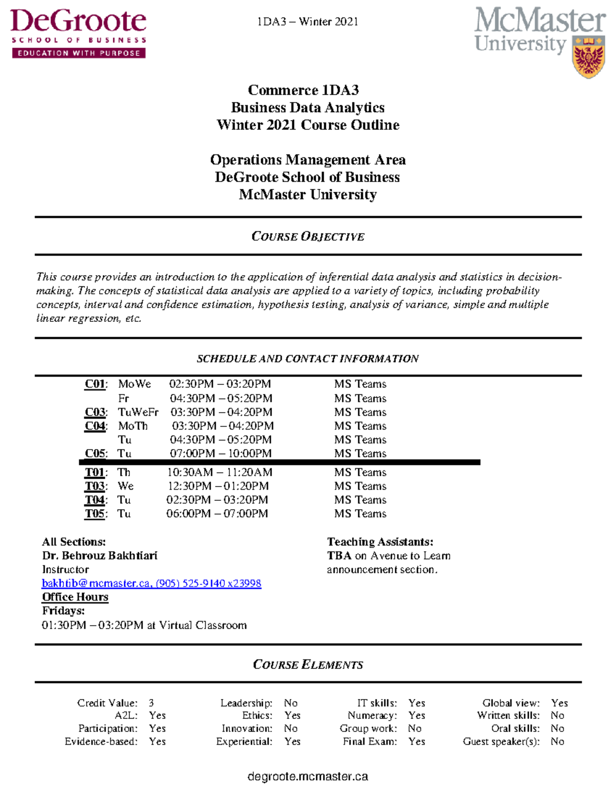 Commerce 1DA3 Course Outline - Winter 2021 - Commerce 1DA Business Data ...