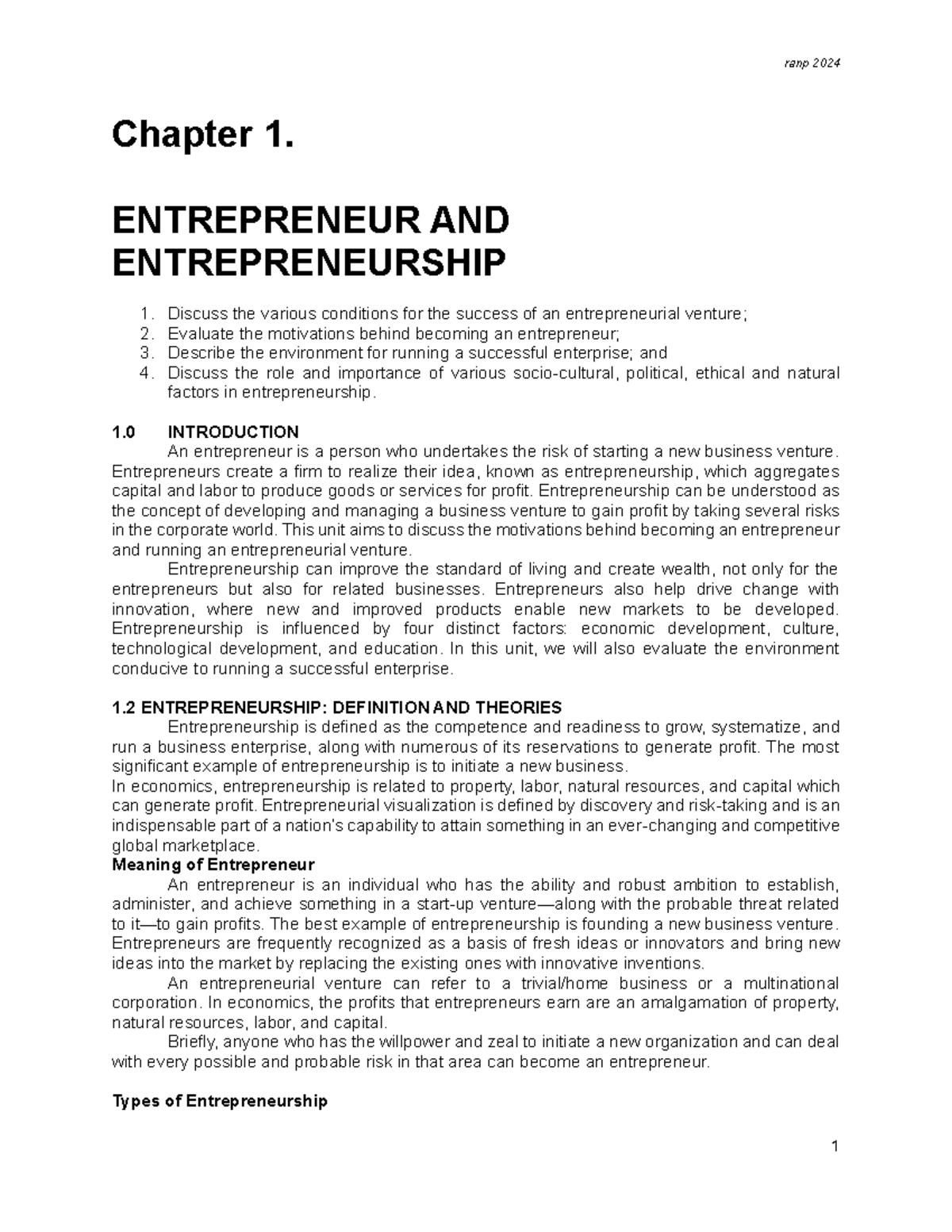Chapter-1 - Chapter 1. ENTREPRENEUR AND ENTREPRENEURSHIP Discuss the ...