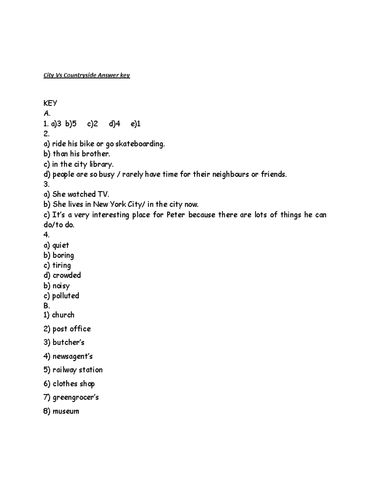 Answer Key Reading City vs Countryside - City Vs Countryside Answer key ...
