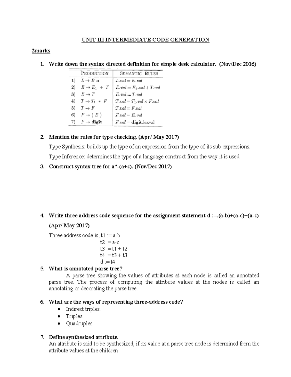 Unit3,4,5 - UNIT III INTERMEDIATE CODE GENERATION 2marks 1. Write down ...