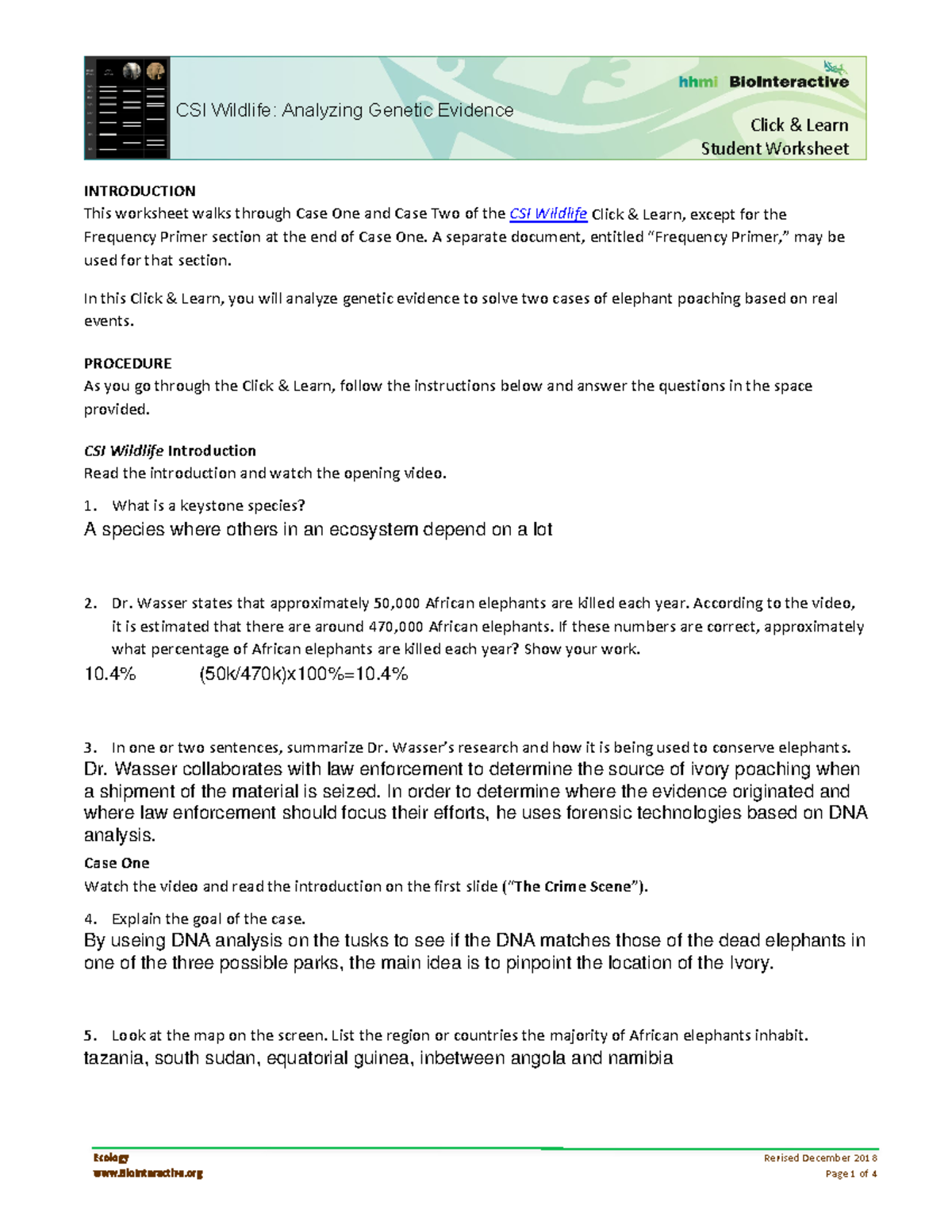 Student Worksheet 1 - elephant population lab - Ecology Revised ...