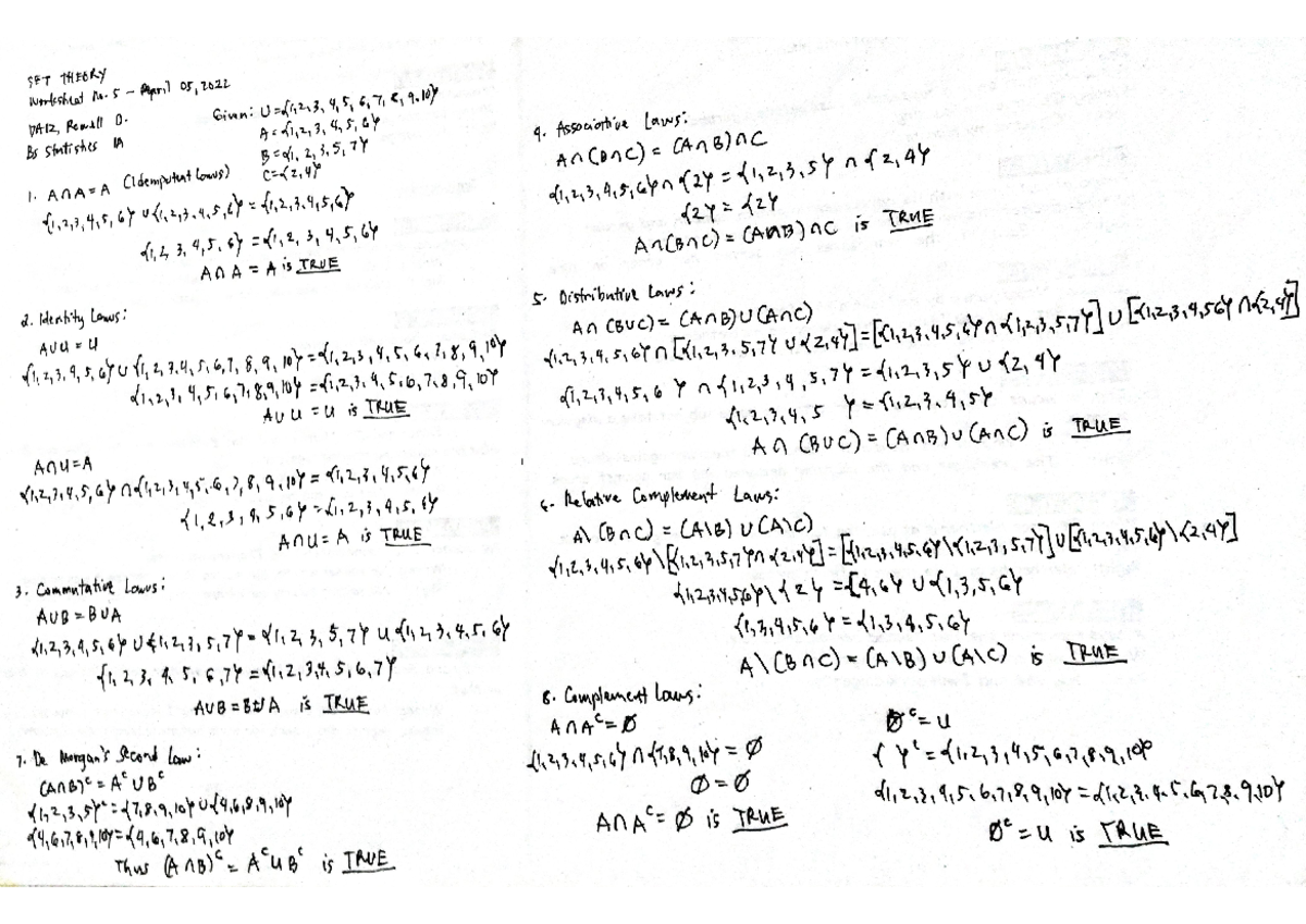 Daiz R BSStat 1A Set Theory Worksheet 5 - Studocu