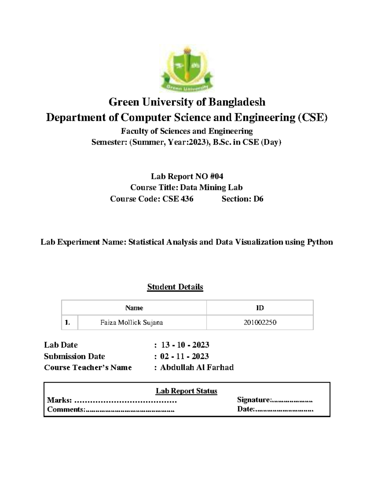 Statistical Analysis and Data Visualization using Python - Green ...