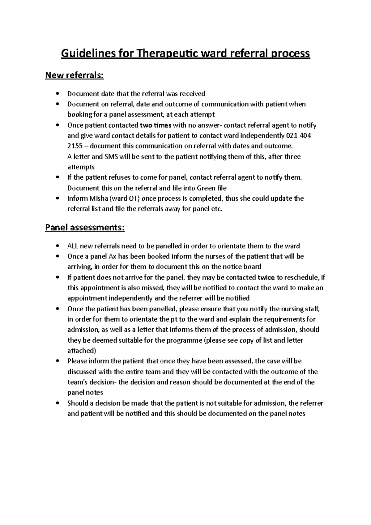 Guidelines for Therapeutic ward referral process - A letter and SMS ...