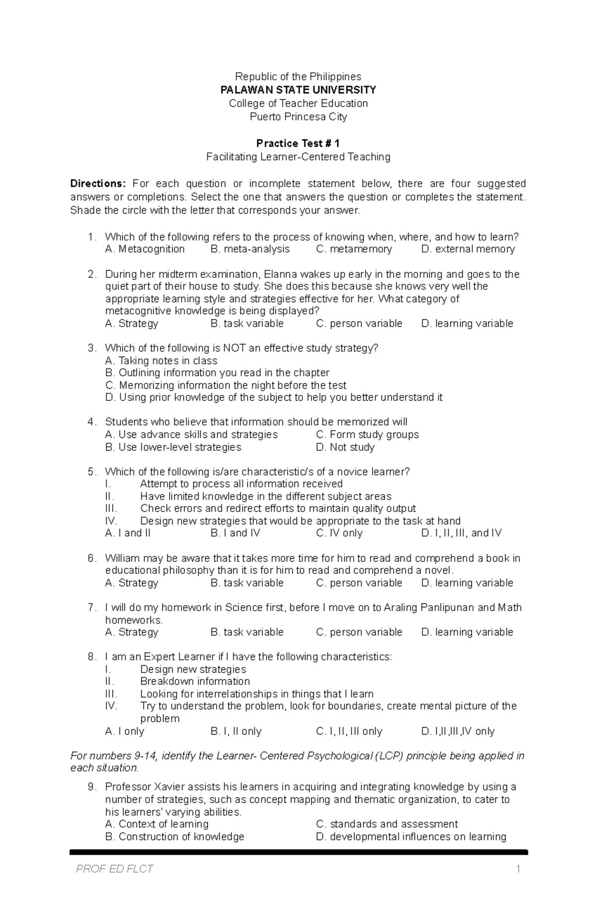 Practice Test 1 - DLP - Republic of the Philippines PALAWAN STATE ...