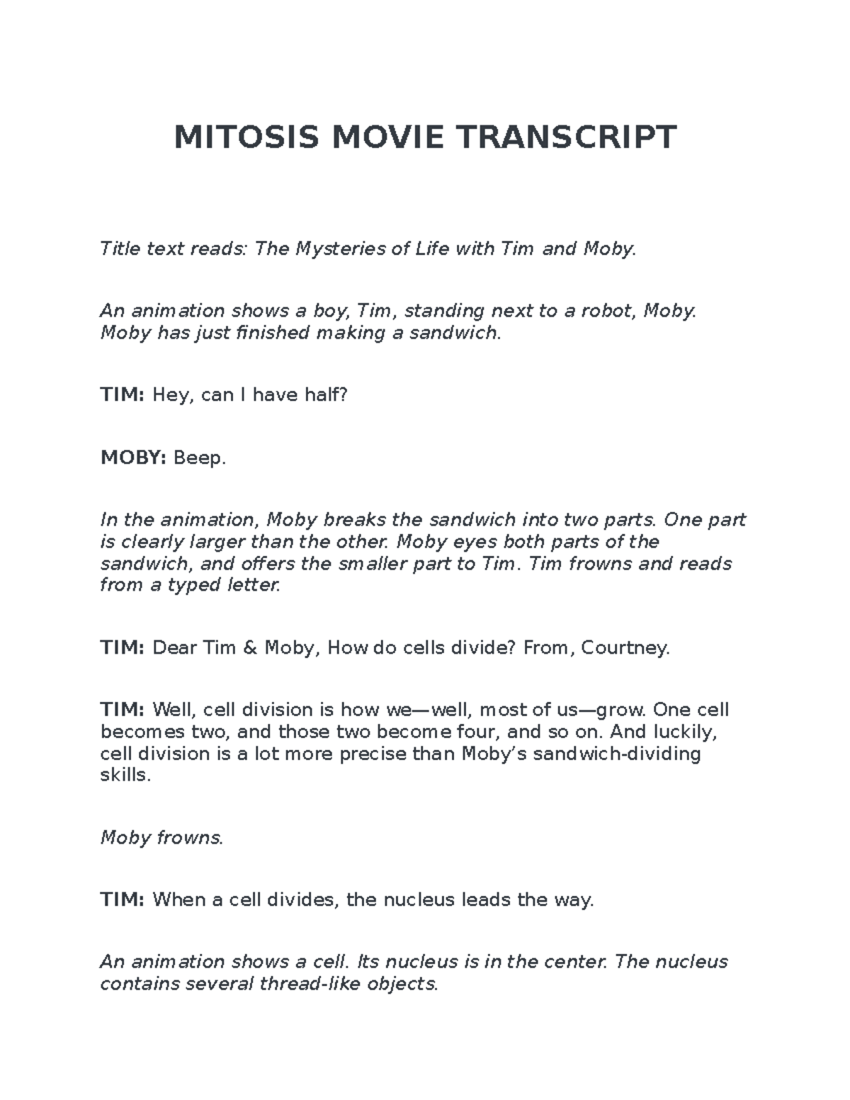 Mitosis Movie Transcript - MITOSIS MOVIE TRANSCRIPT Title text reads ...