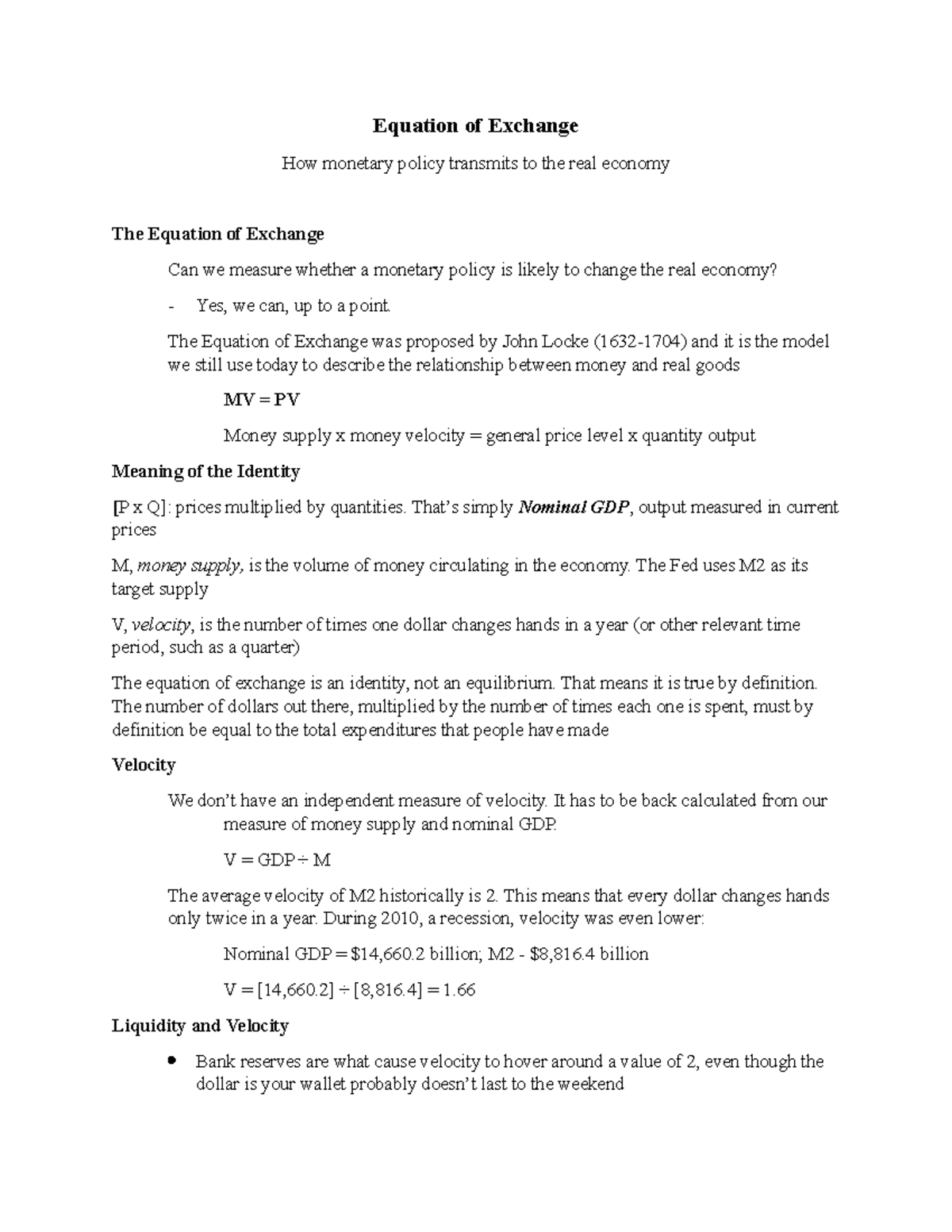 Equation of Exchange - The Equation of Exchange was proposed by John ...