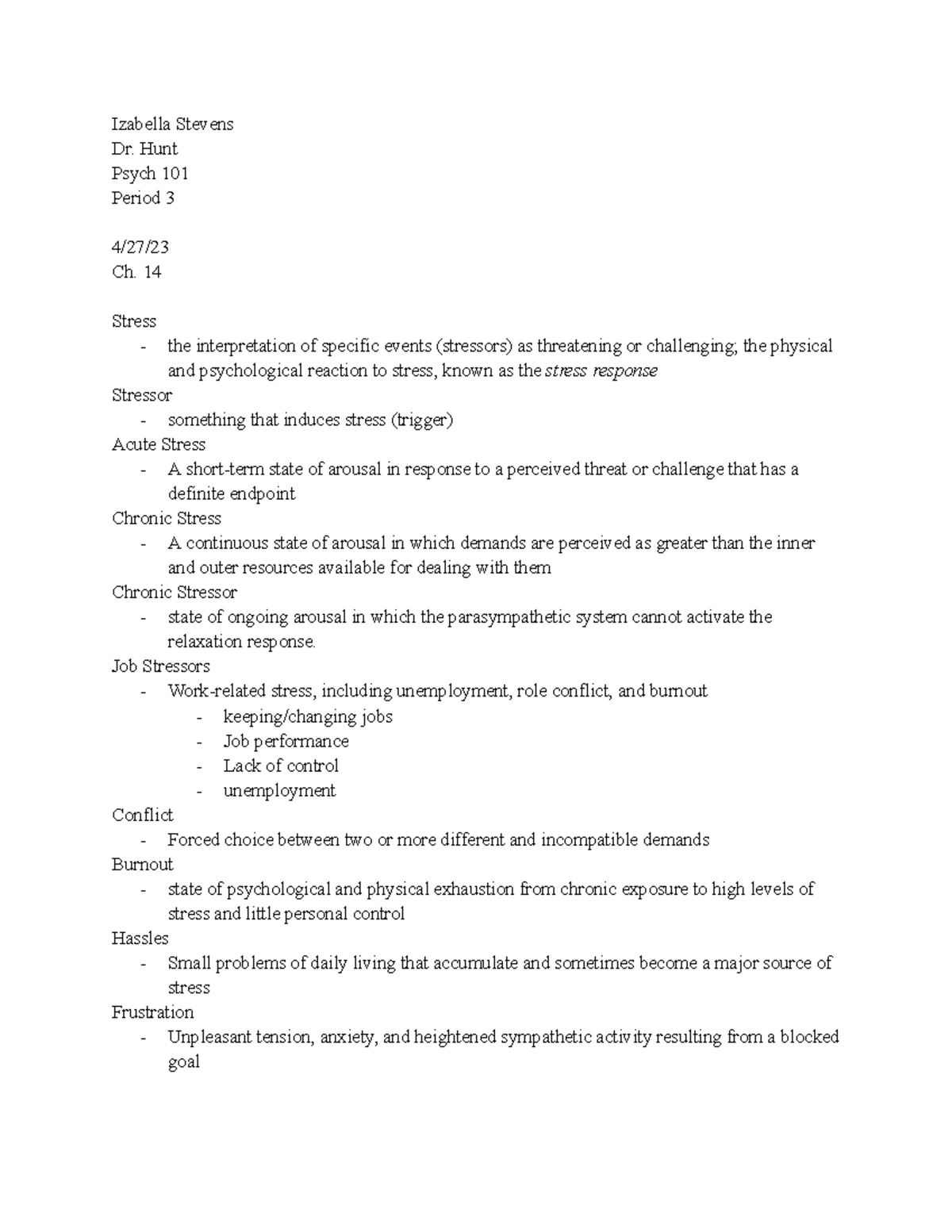 PSYC Ch. 14-16 - Psych 101 chapter 14-16 notes. - Izabella Stevens Dr ...