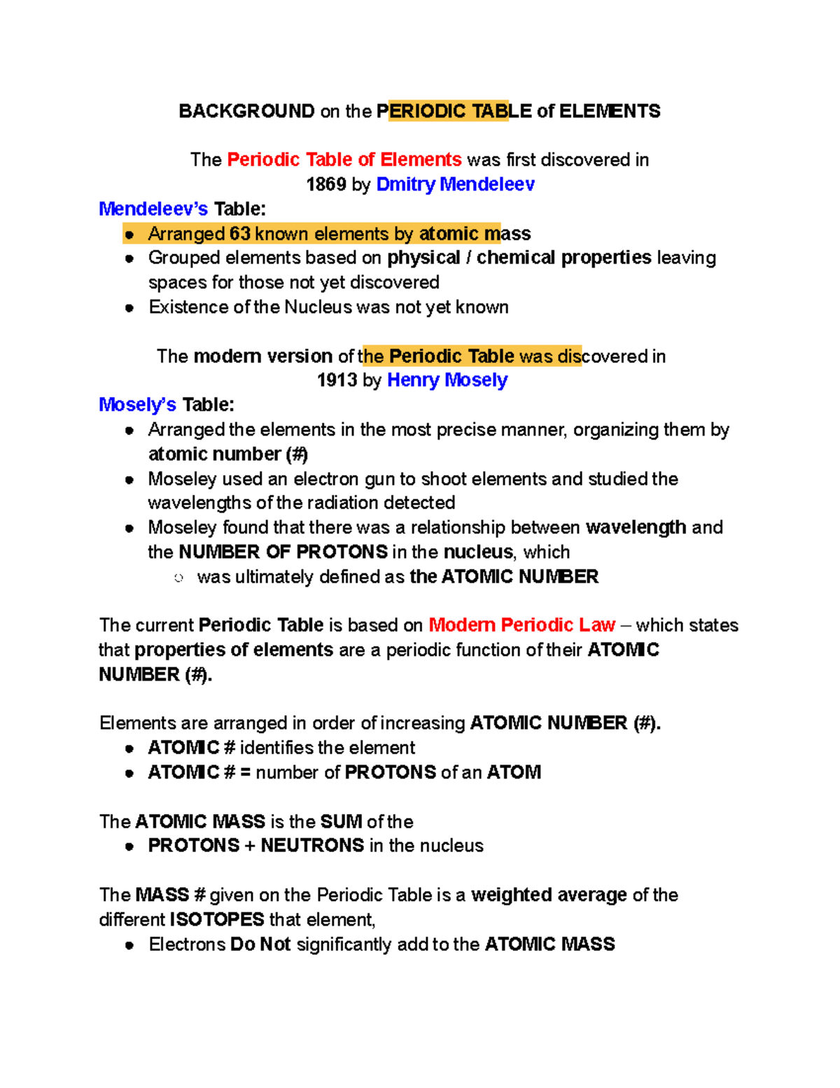 Chemistry Unit Notes - BACKGROUND on the PERIODIC TABLE of ELEMENTS The ...
