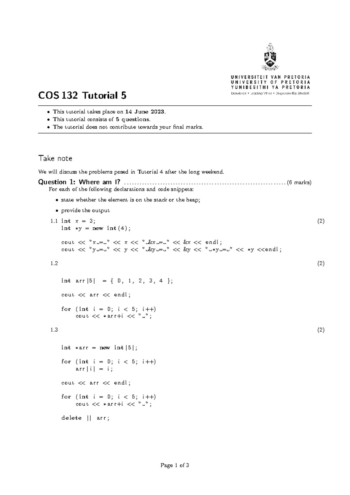 cos 132 tutorial worksheet - COS 132 Tutorial 5 This tutorial takes place on 14 June 2023. This ...