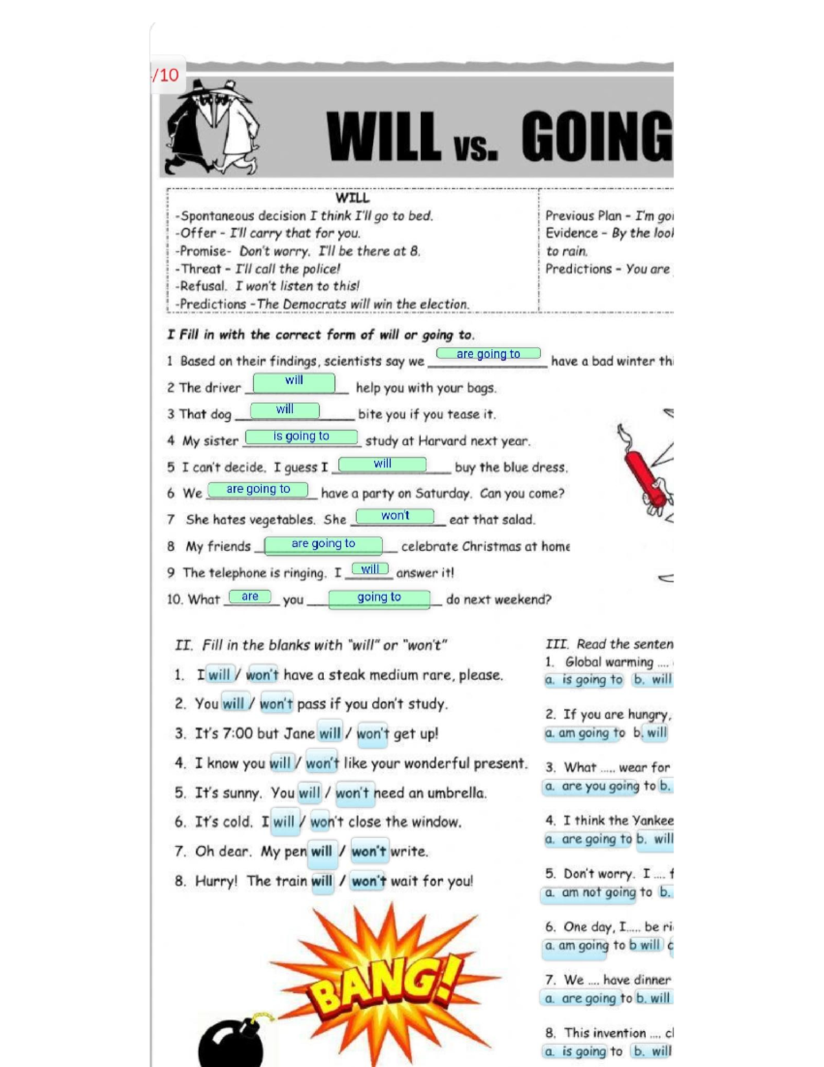 Liveworksheet inglés 3 - WILL VS. GOING WILL decision I think go to bed ...