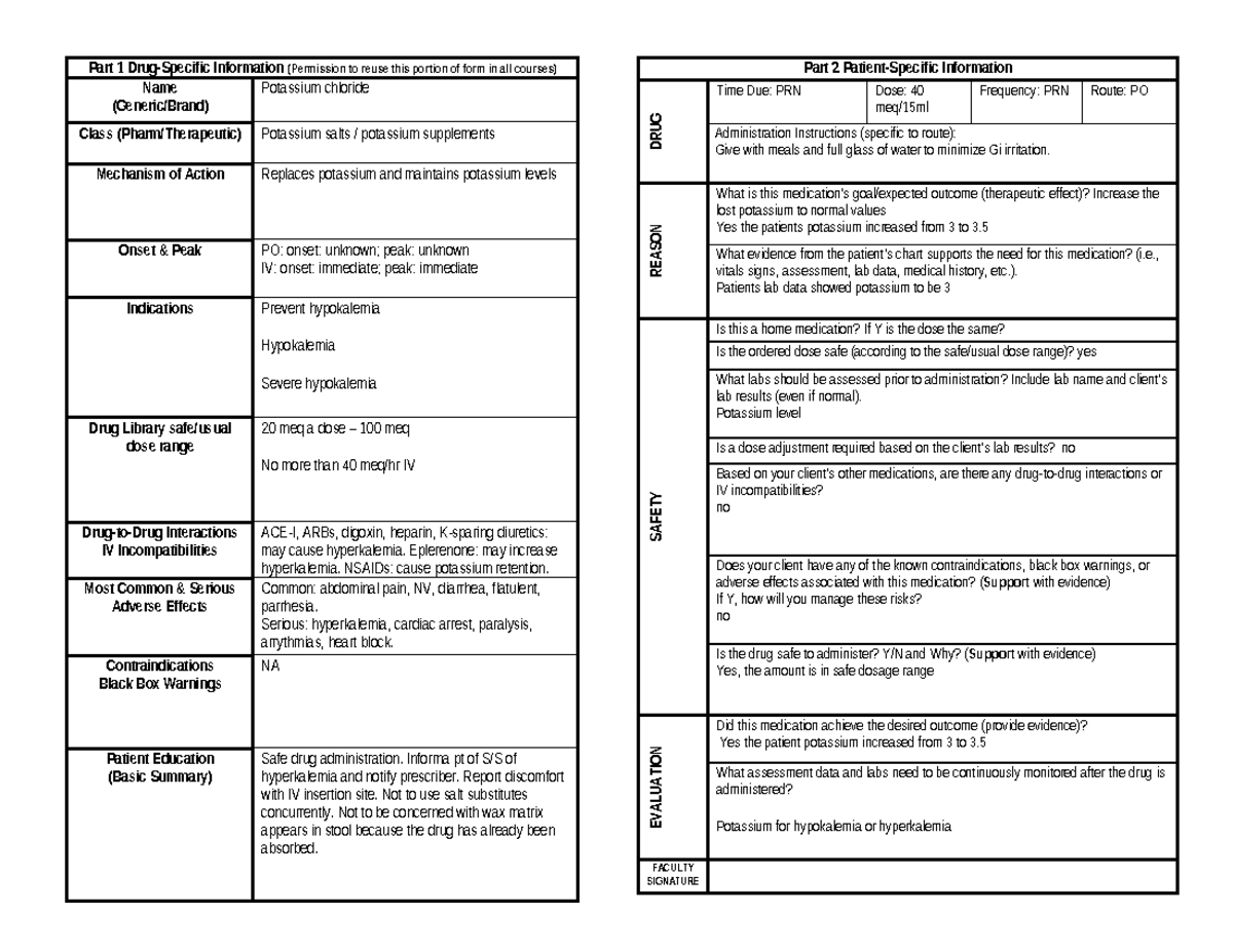 Potassium chloride - Part 2 Patient-Specific Information DRUG Time Due ...