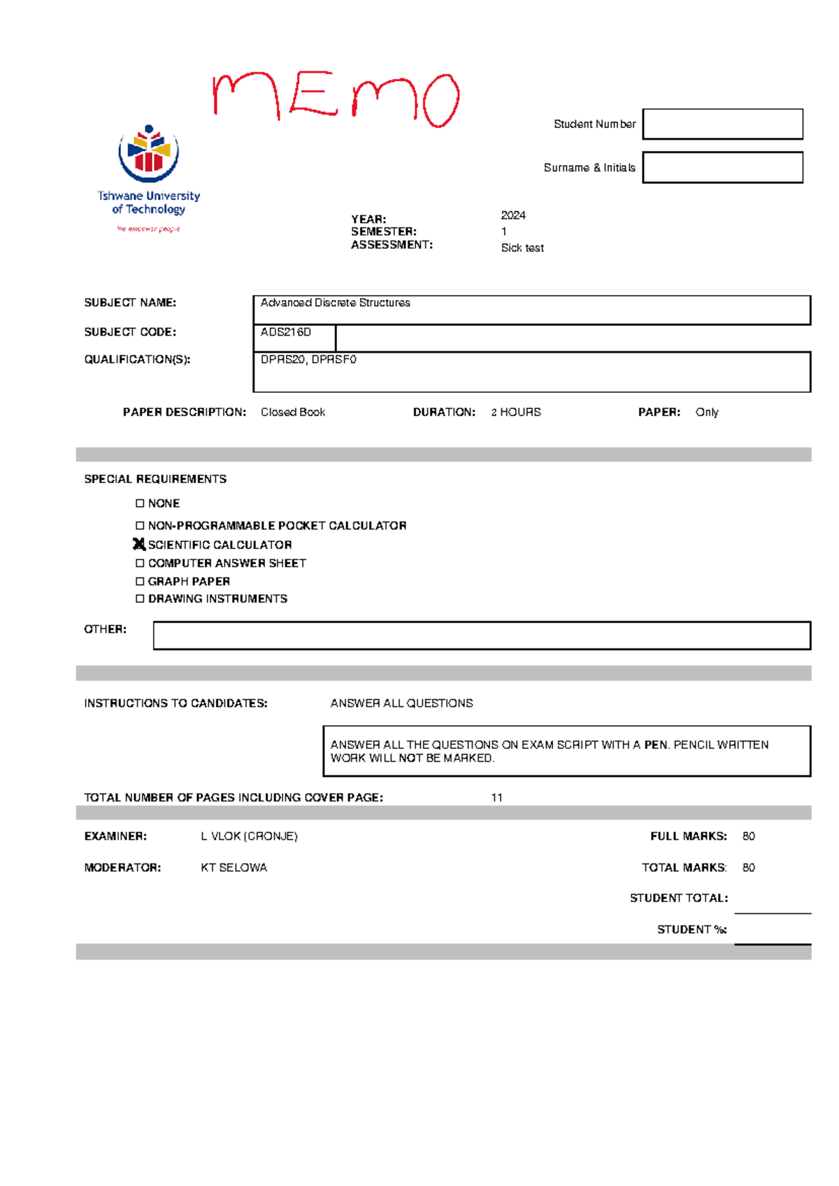 ADS sick test MEMO - exam paper - YEAR: Student Number Surname ...
