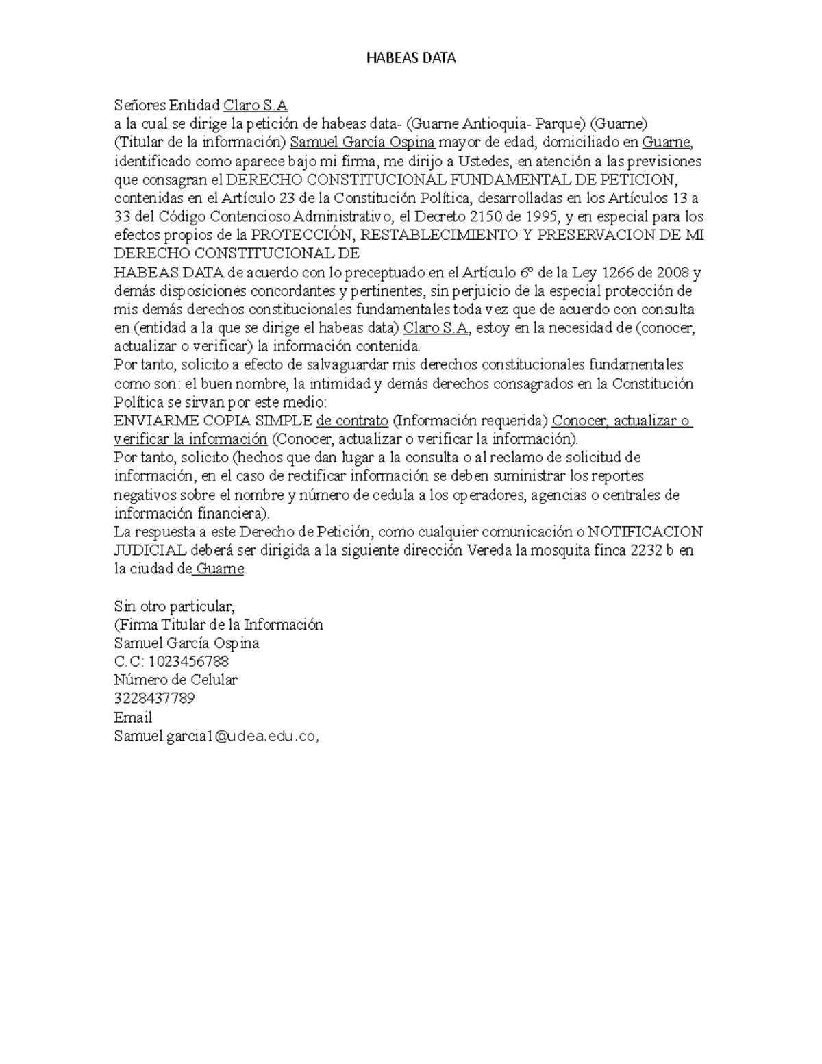 Formato Habeas DATA - Solo es cuestion de creer - HABEAS DATA Señores ...